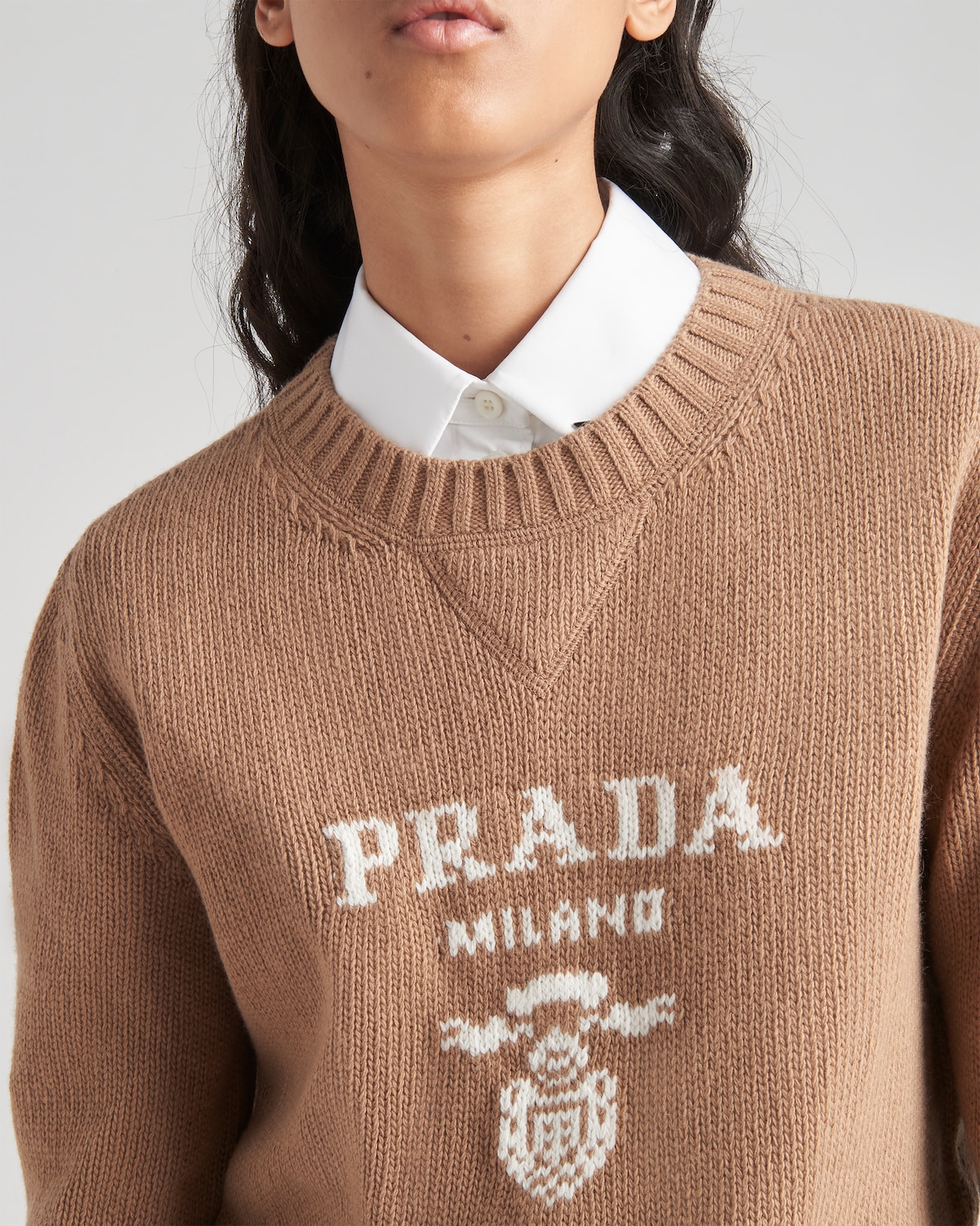 Camel Brown Cashmere And Wool Prada Logo Crew-neck Sweater | PRADA