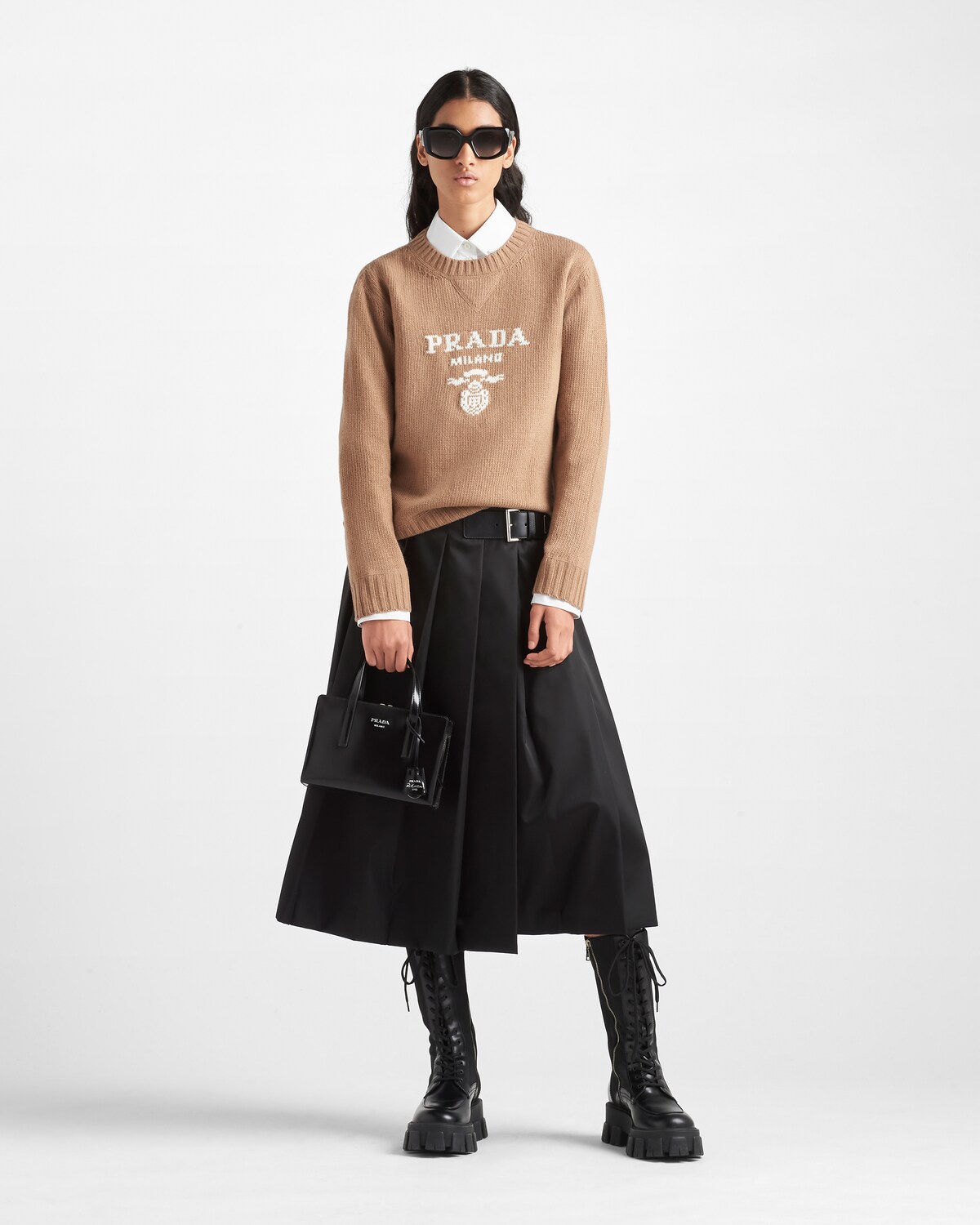 Camel Brown Cashmere And Wool Prada Logo Crew-neck Sweater | PRADA