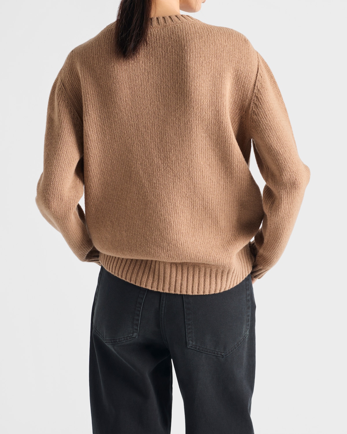 Camel Brown Cashmere And Wool Prada Logo Crew-neck Sweater | PRADA