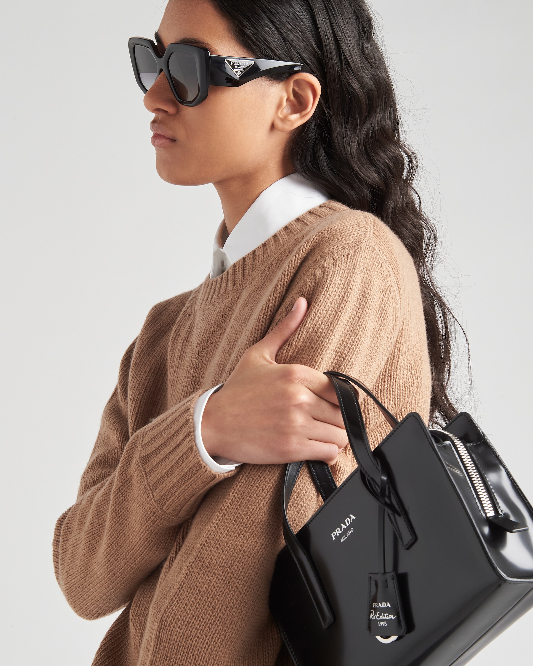 Camel Brown Cashmere And Wool Prada Logo Crew-neck Sweater | PRADA ...