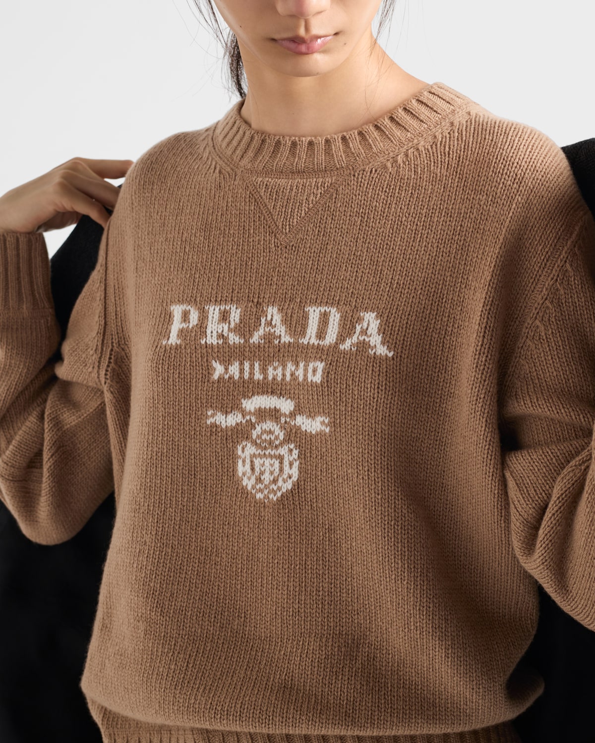 Camel Brown Cashmere And Wool Prada Logo Crew-neck Sweater | PRADA