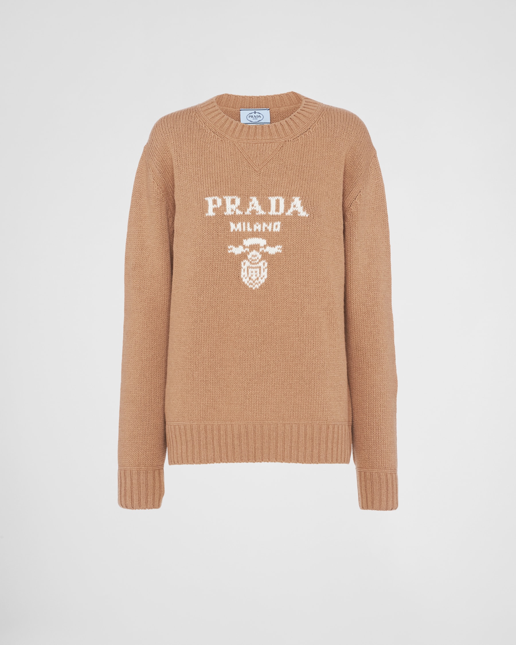 Camel Brown Cashmere And Wool Prada Logo Crew-neck Sweater | PRADA