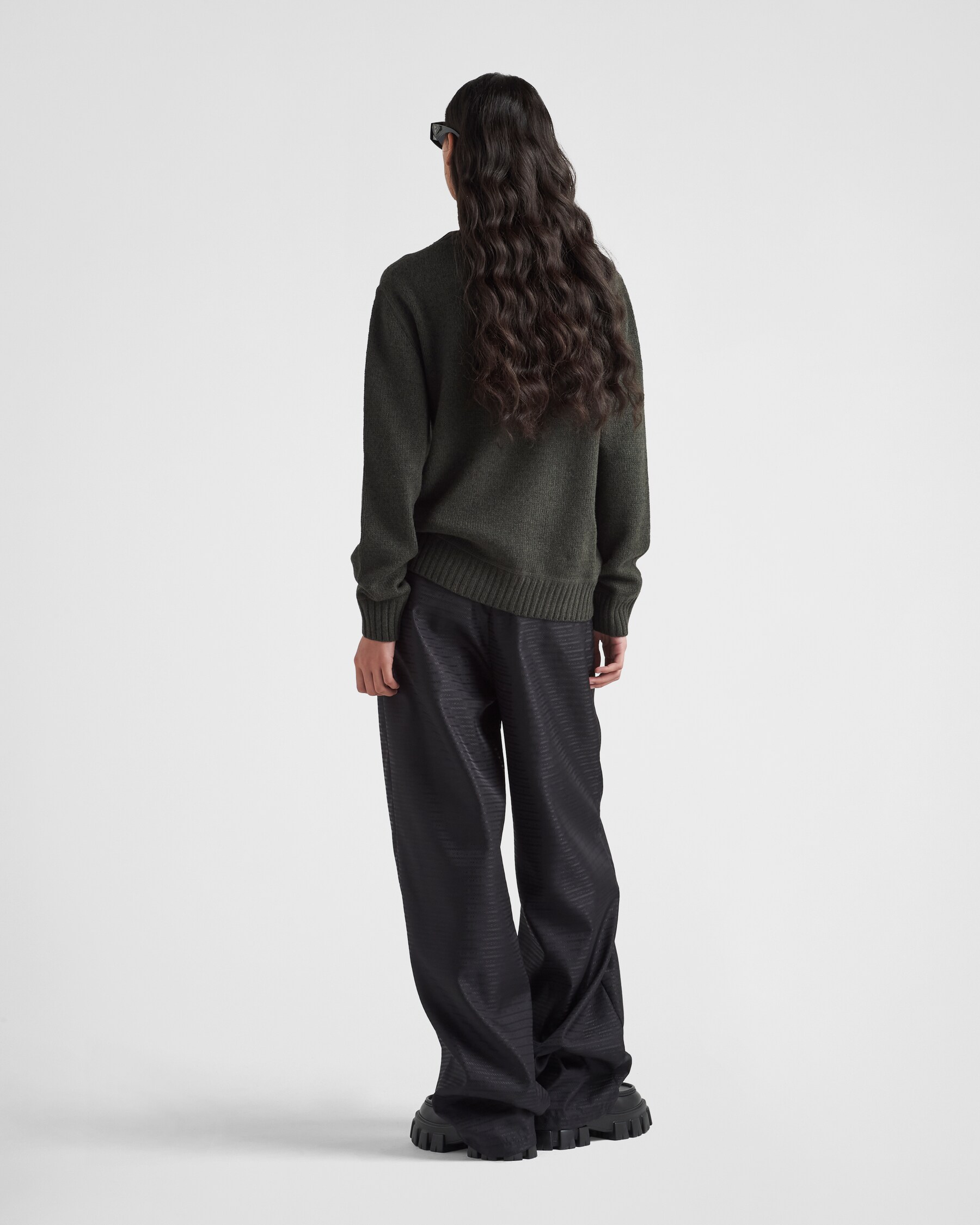 Military Green Cashmere And Wool Prada Logo Crew-neck Sweater | PRADA