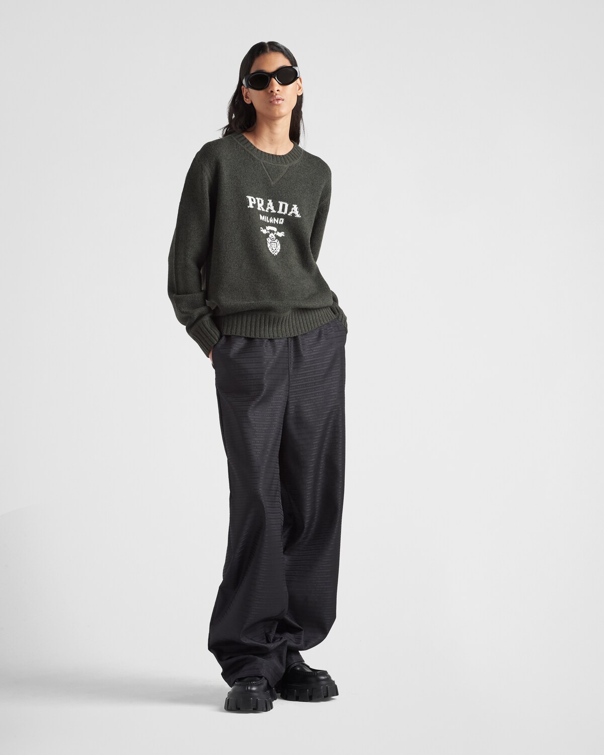 Military Green Cashmere And Wool Prada Logo Crew-neck Sweater | PRADA