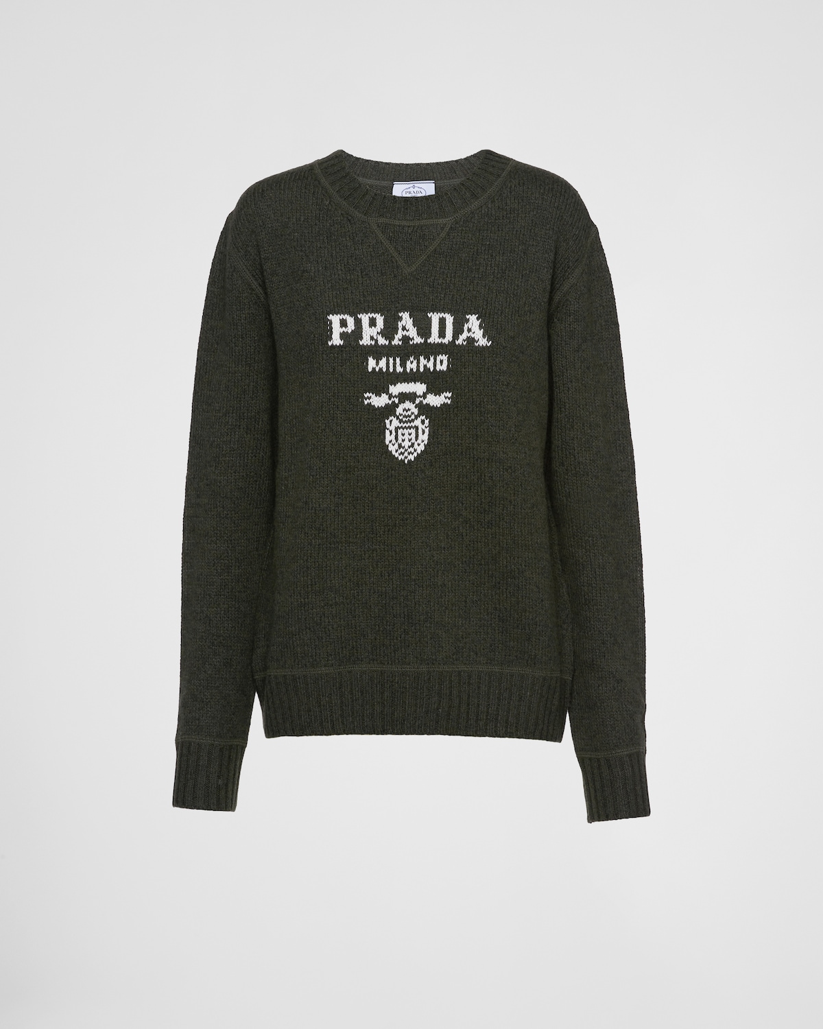 Military Green Cashmere And Wool Prada Logo Crew-neck Sweater | PRADA