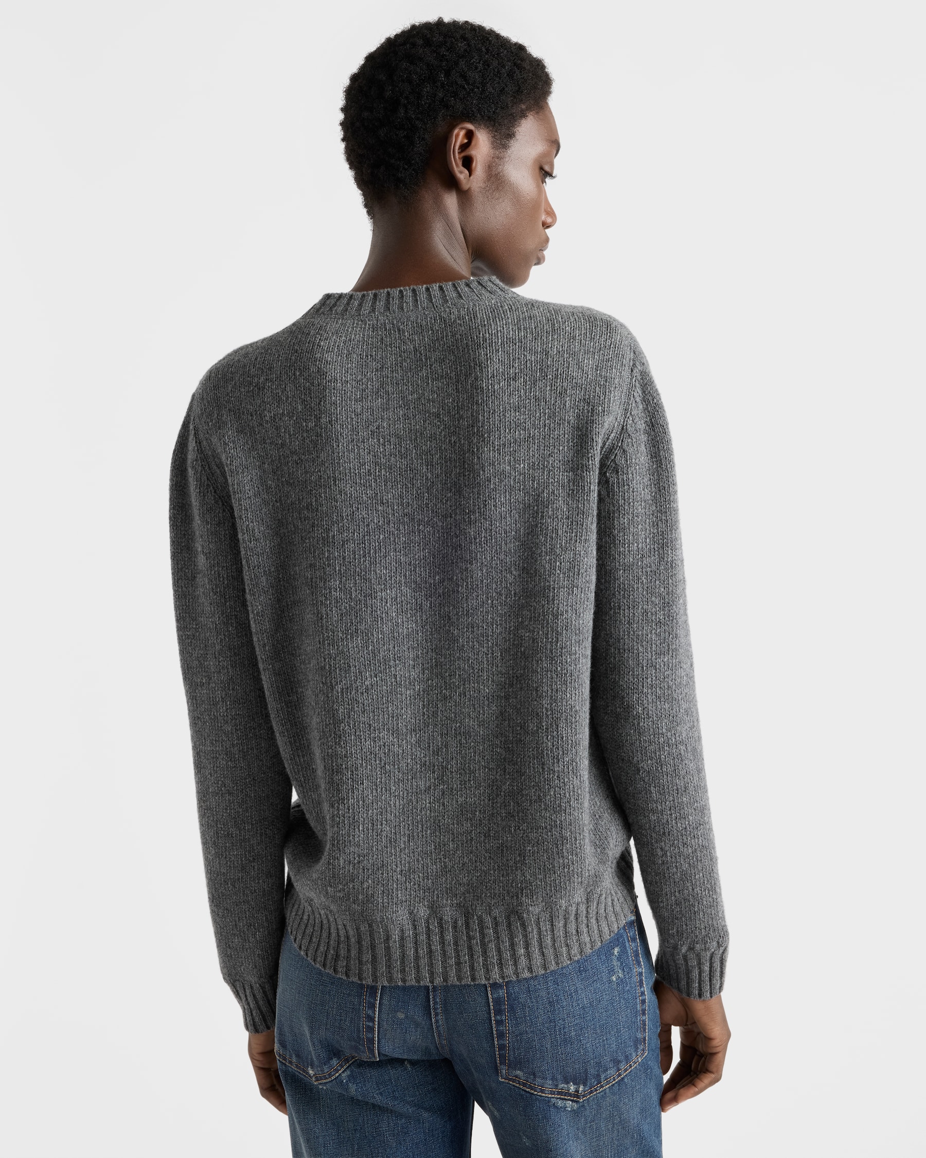 Slate Gray Cashmere And Wool Prada Logo Crew-neck Sweater | PRADA