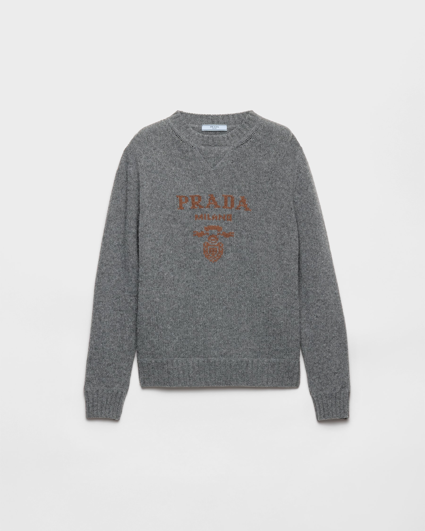 Slate Gray Cashmere And Wool Prada Logo Crew-neck Sweater | PRADA