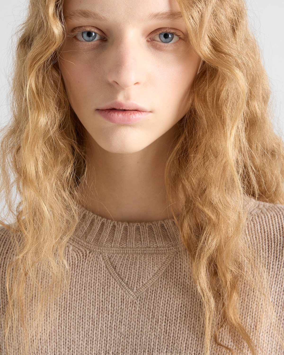 Desert Beige Cashmere And Wool Prada Logo Crew-neck Sweater | PRADA ...