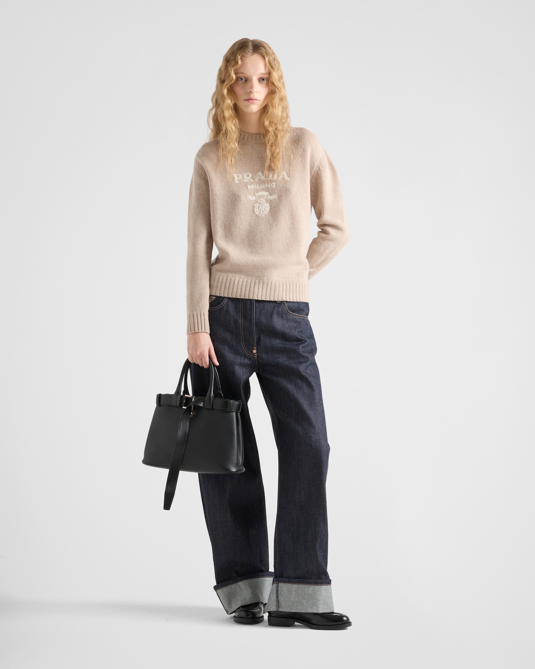 Desert Beige Cashmere And Wool Prada Logo Crew-neck Sweater | PRADA