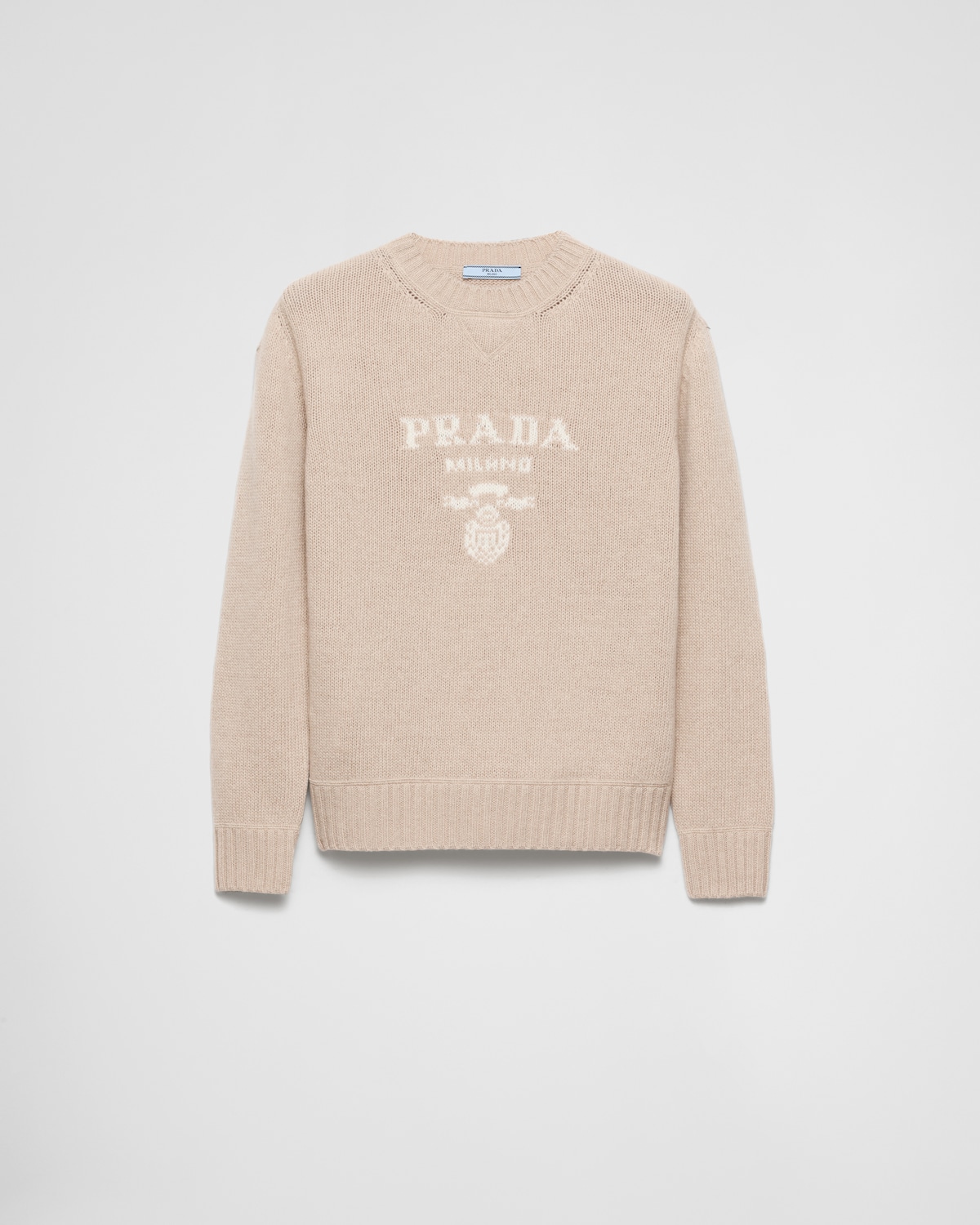 Desert Beige Cashmere And Wool Prada Logo Crew-neck Sweater | PRADA