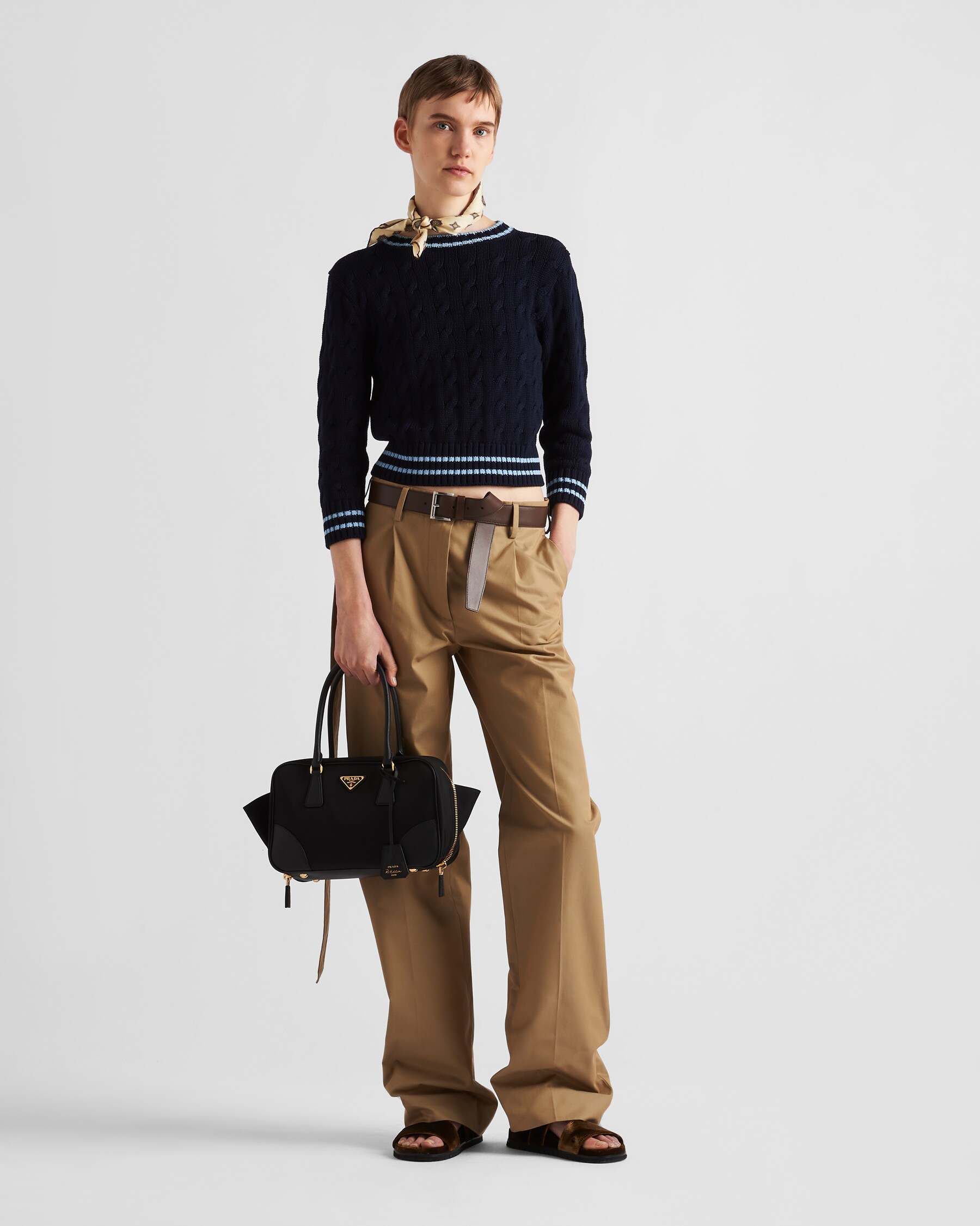 Blue / Light Blue Cotton Crew-neck Sweater | PRADA