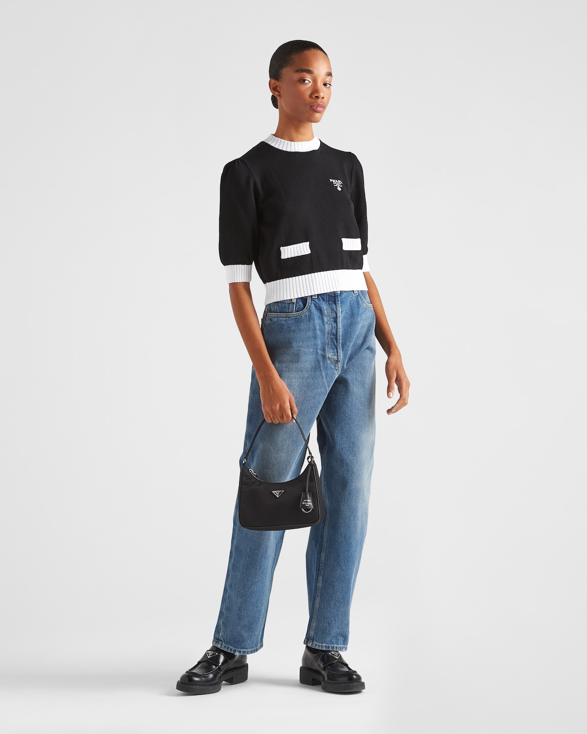 Black/white Cotton Crew-neck Sweater | PRADA