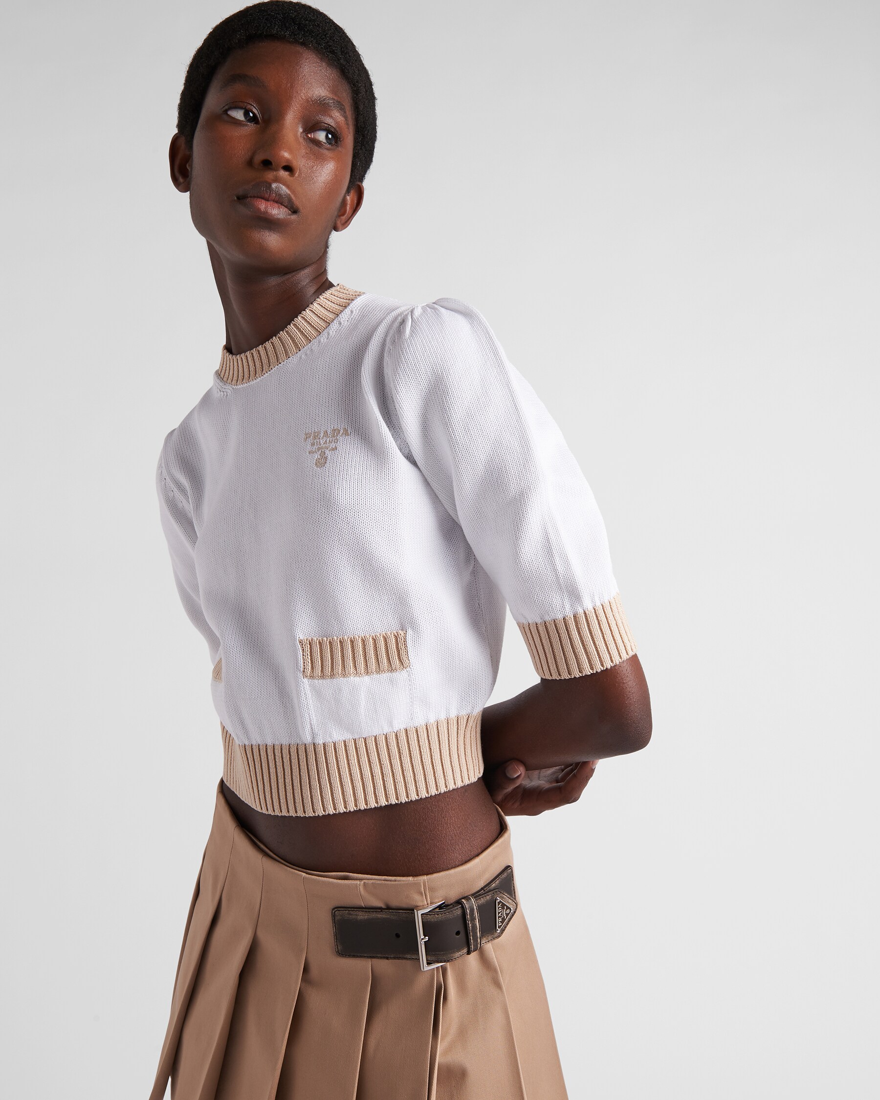 Desert/white Cotton Crew-neck Sweater | PRADA