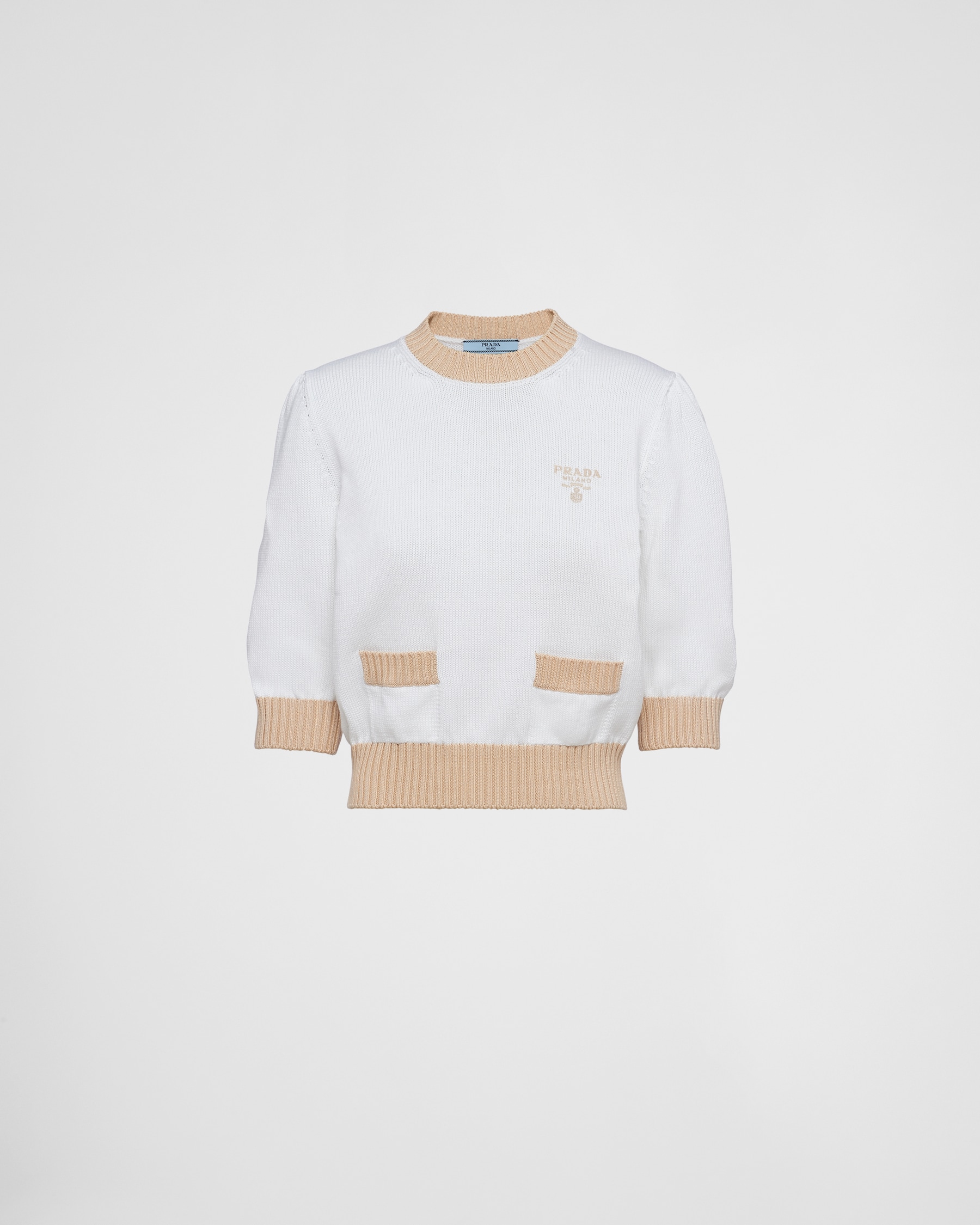 Desert/white Cotton Crew-neck Sweater | PRADA