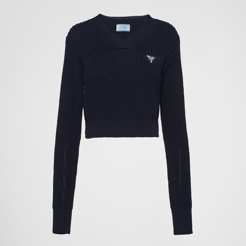 Navy Cotton crew-neck sweater | Prada
