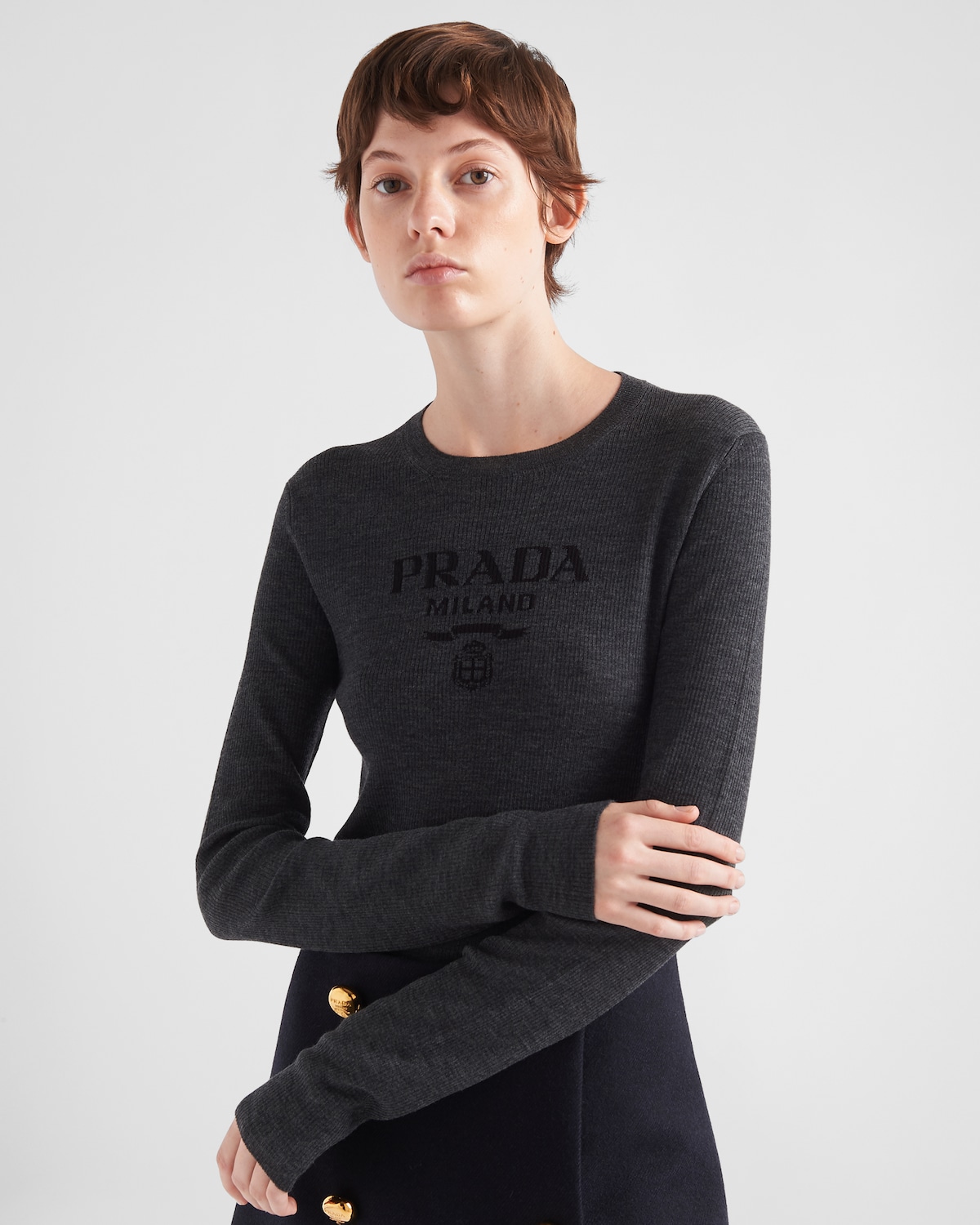 Anthracite Gray Superfine Wool Crew-neck Sweater | PRADA