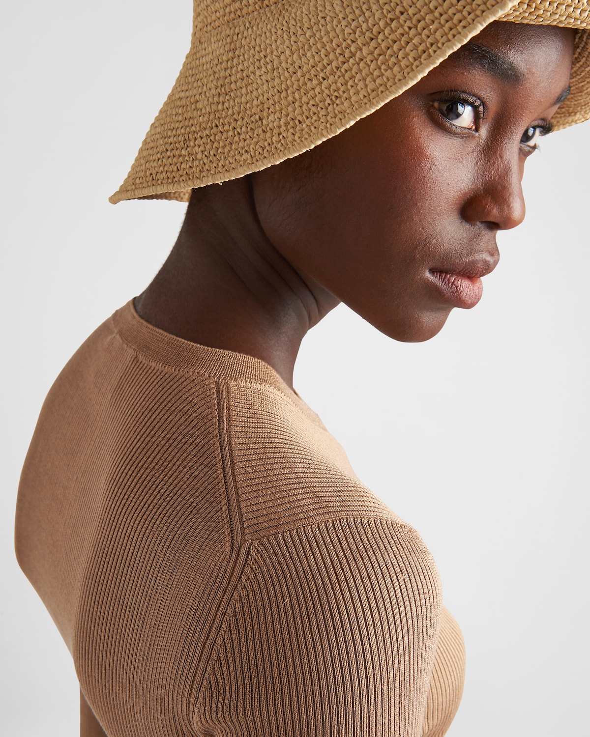 Camel Brown Cropped Silk Sweater With Logo | PRADA - United States