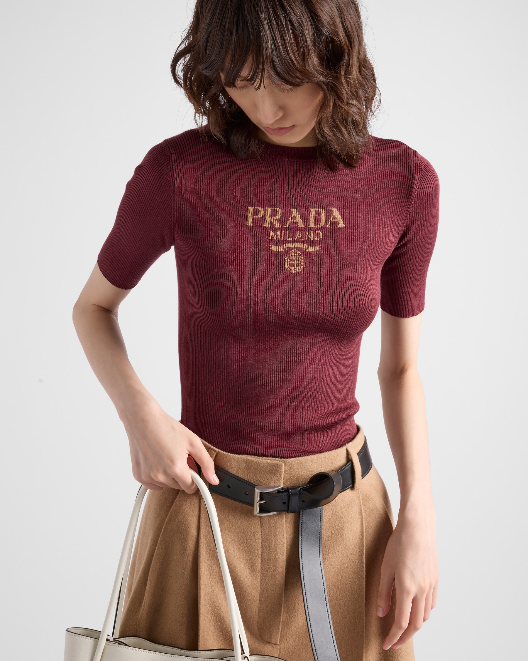 Amaranth Red/maize Yellow Silk Crew-neck Sweater With Logo | PRADA