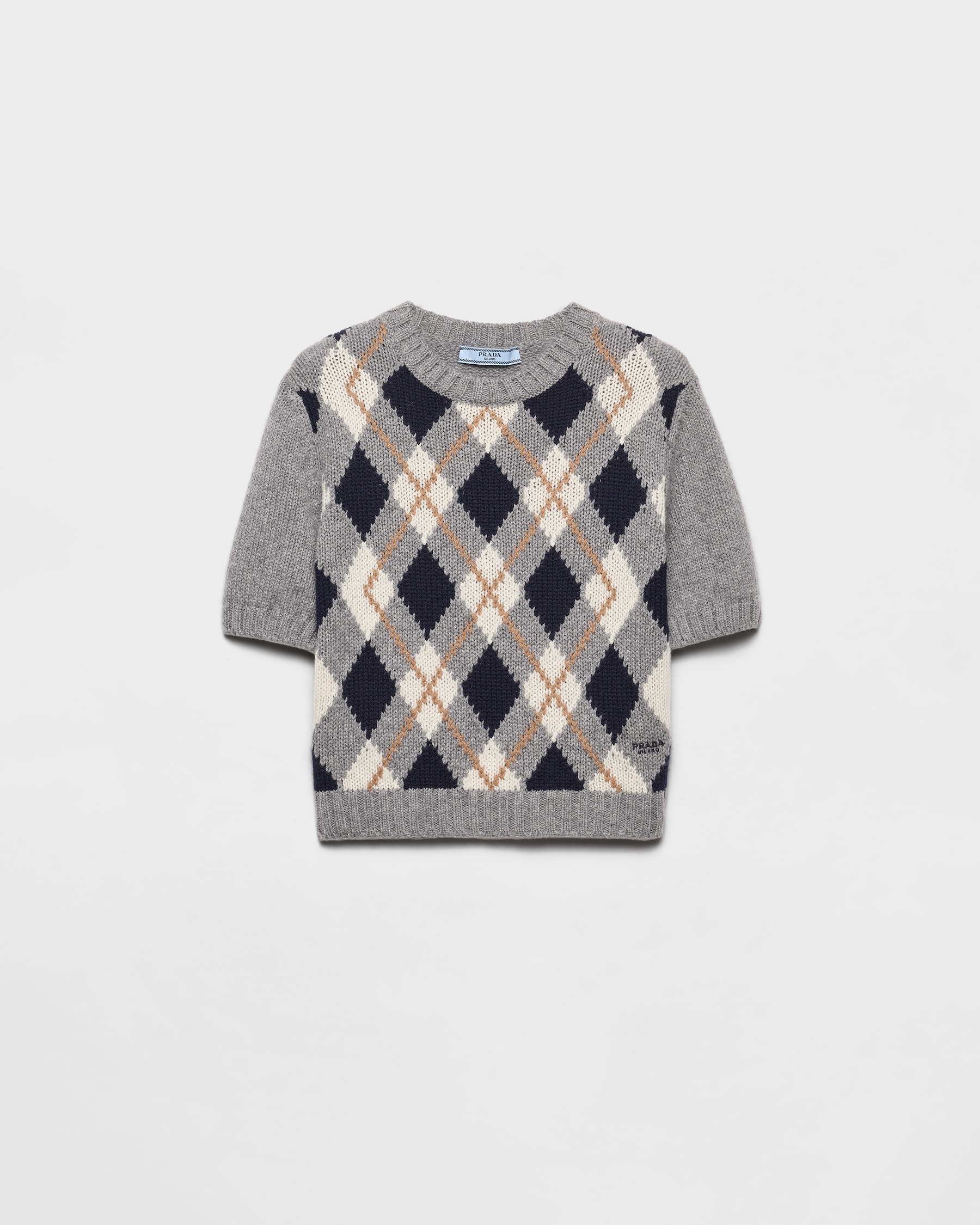 Grey Short-sleeved Argyle Knit Cashmere Sweater | PRADA