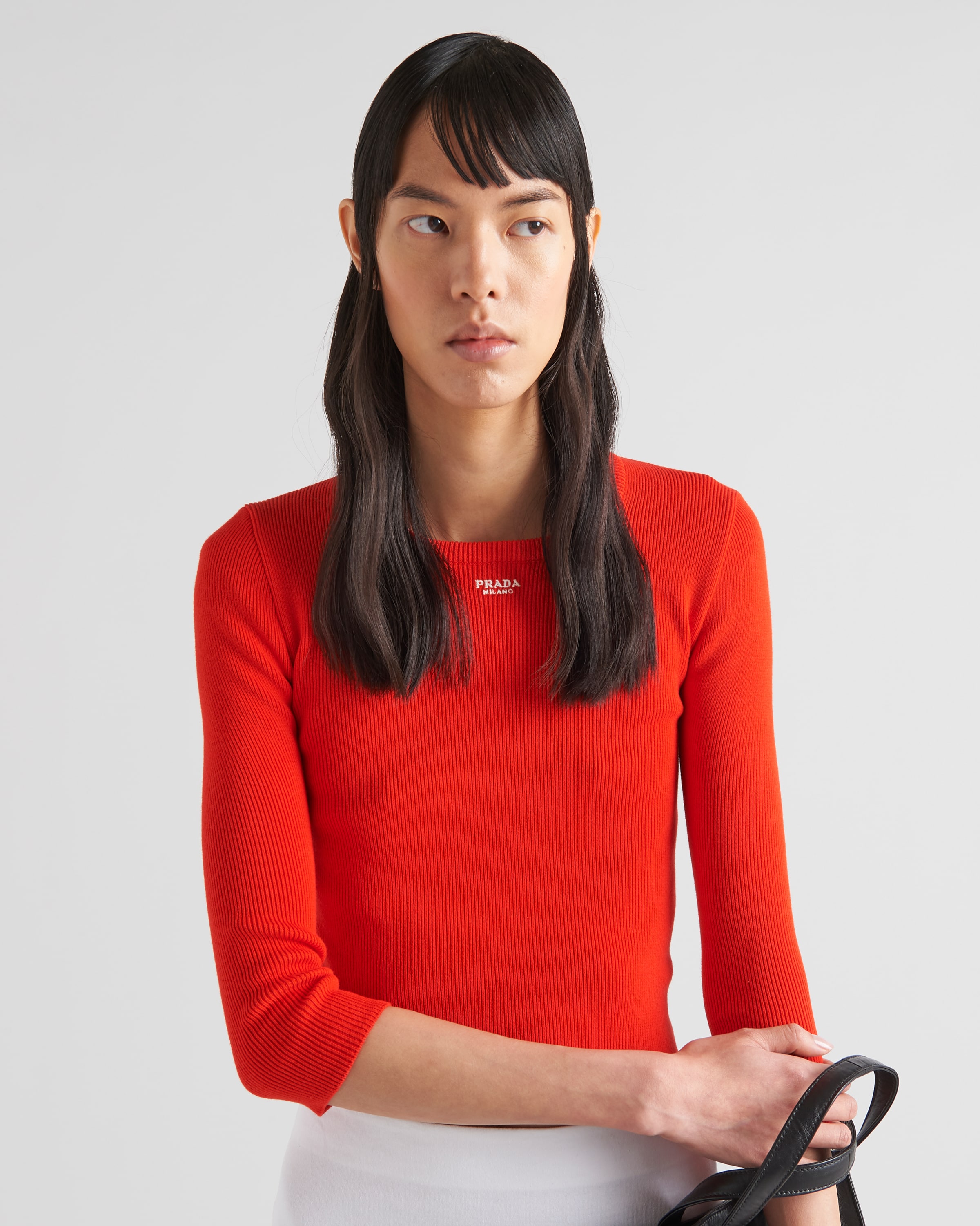 Lacquer Red Cotton sweater with embroidered logo | Prada