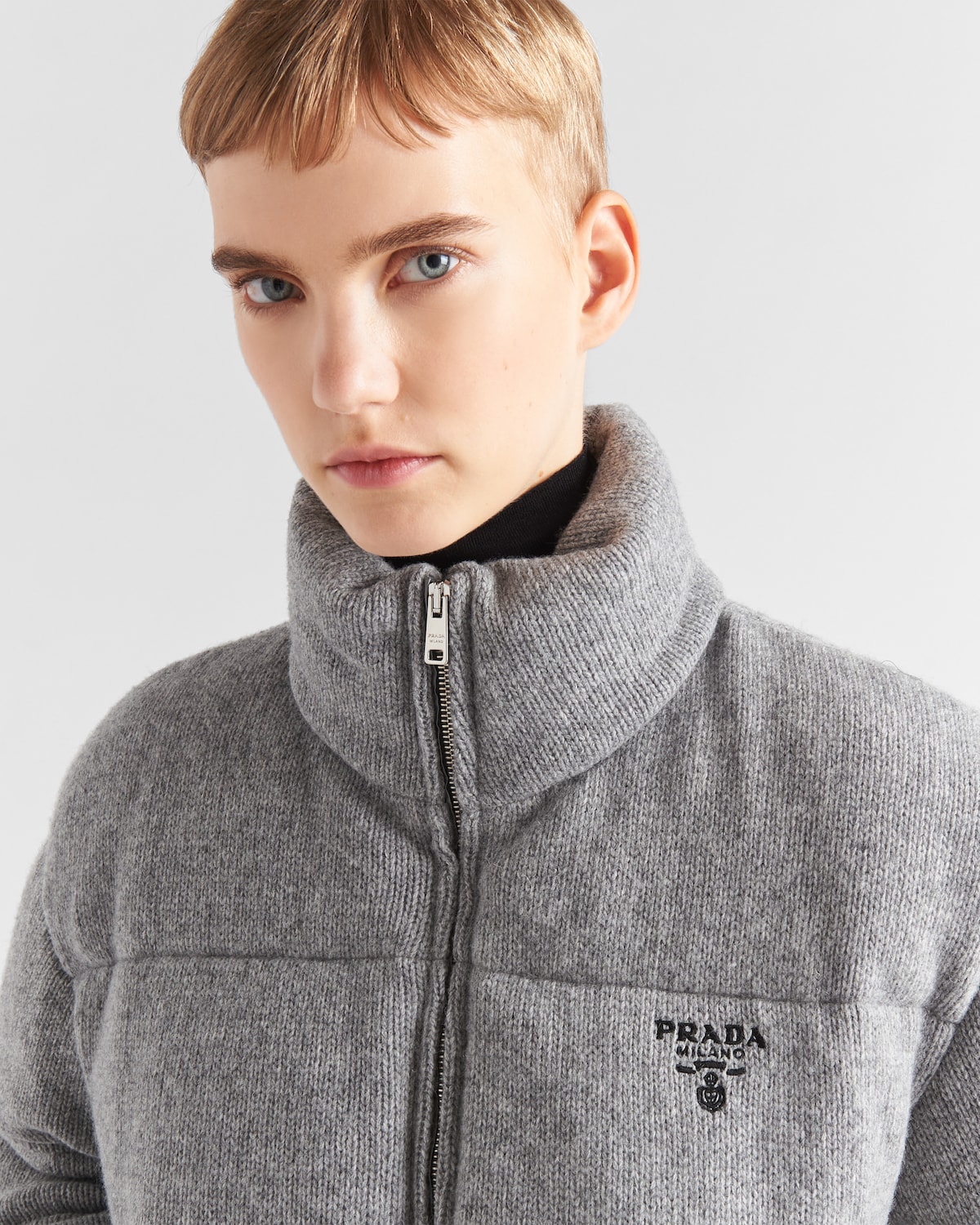 Grey Boxy Wool And Cashmere Knit Puffer Jacket | PRADA