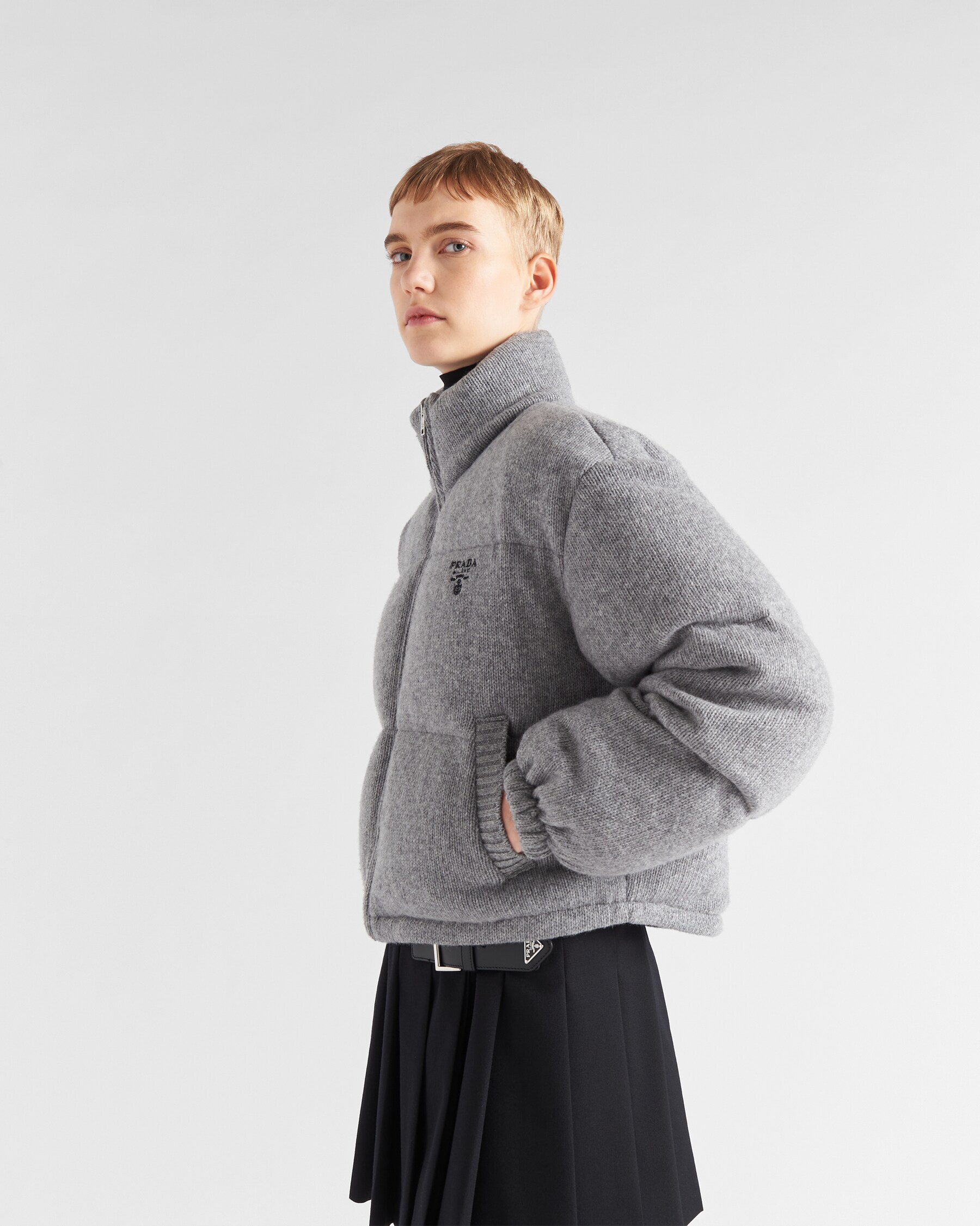 Grey Boxy Wool And Cashmere Knit Puffer Jacket | PRADA