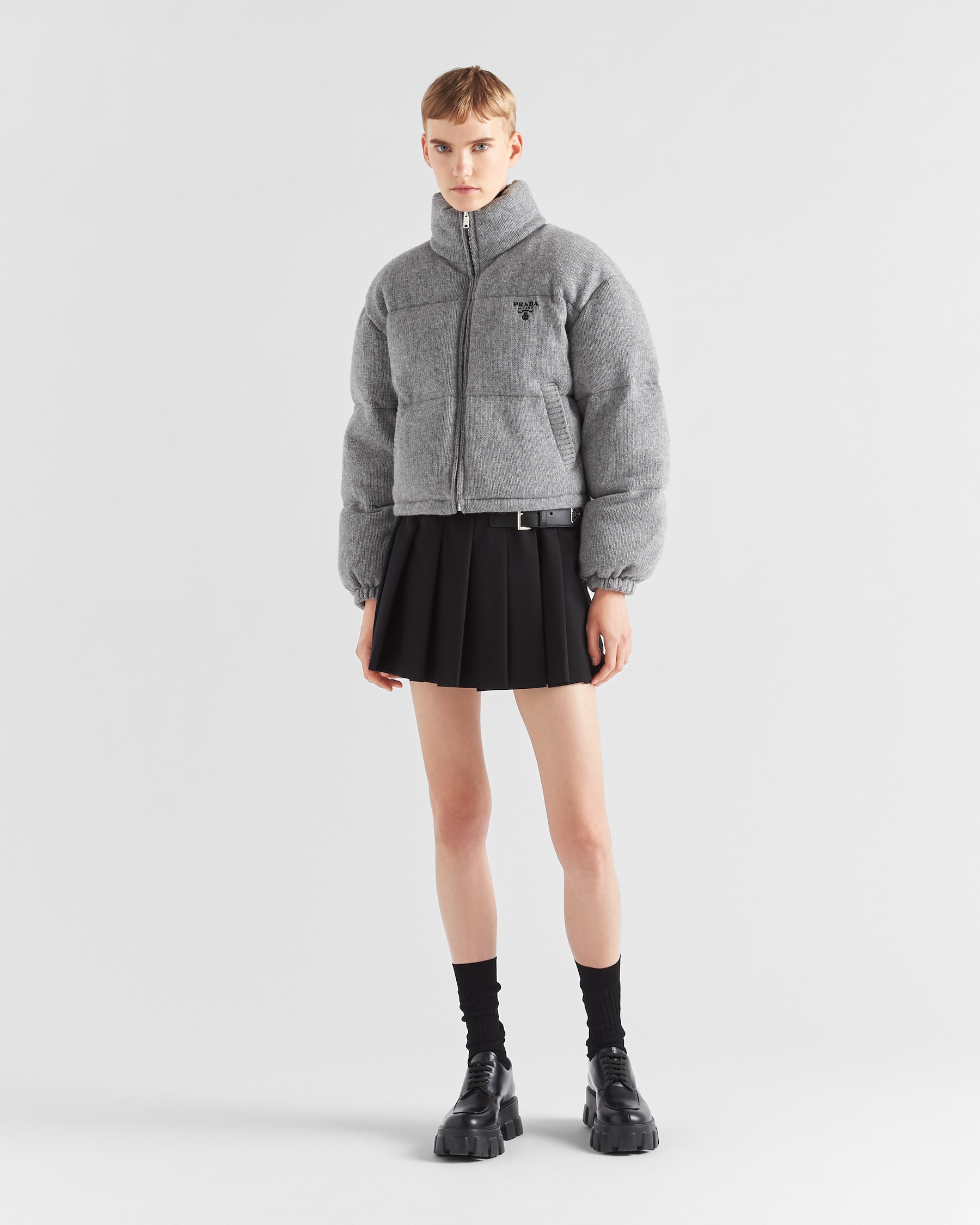 Grey Boxy Wool And Cashmere Knit Puffer Jacket | PRADA