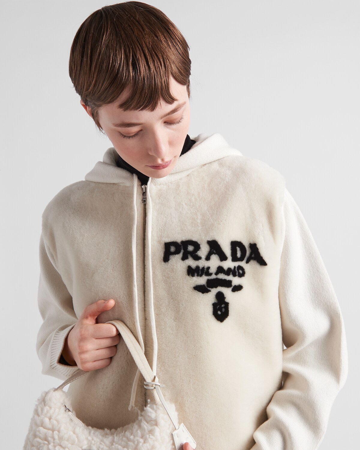 Chalk White Oversized Cashmere And Shearling Sweatshirt | PRADA