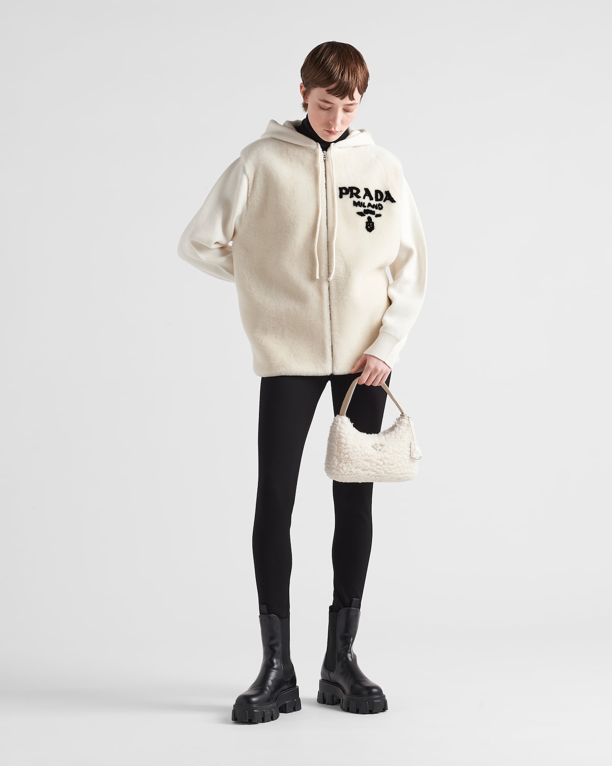 Chalk White Oversized Cashmere And Shearling Sweatshirt | PRADA