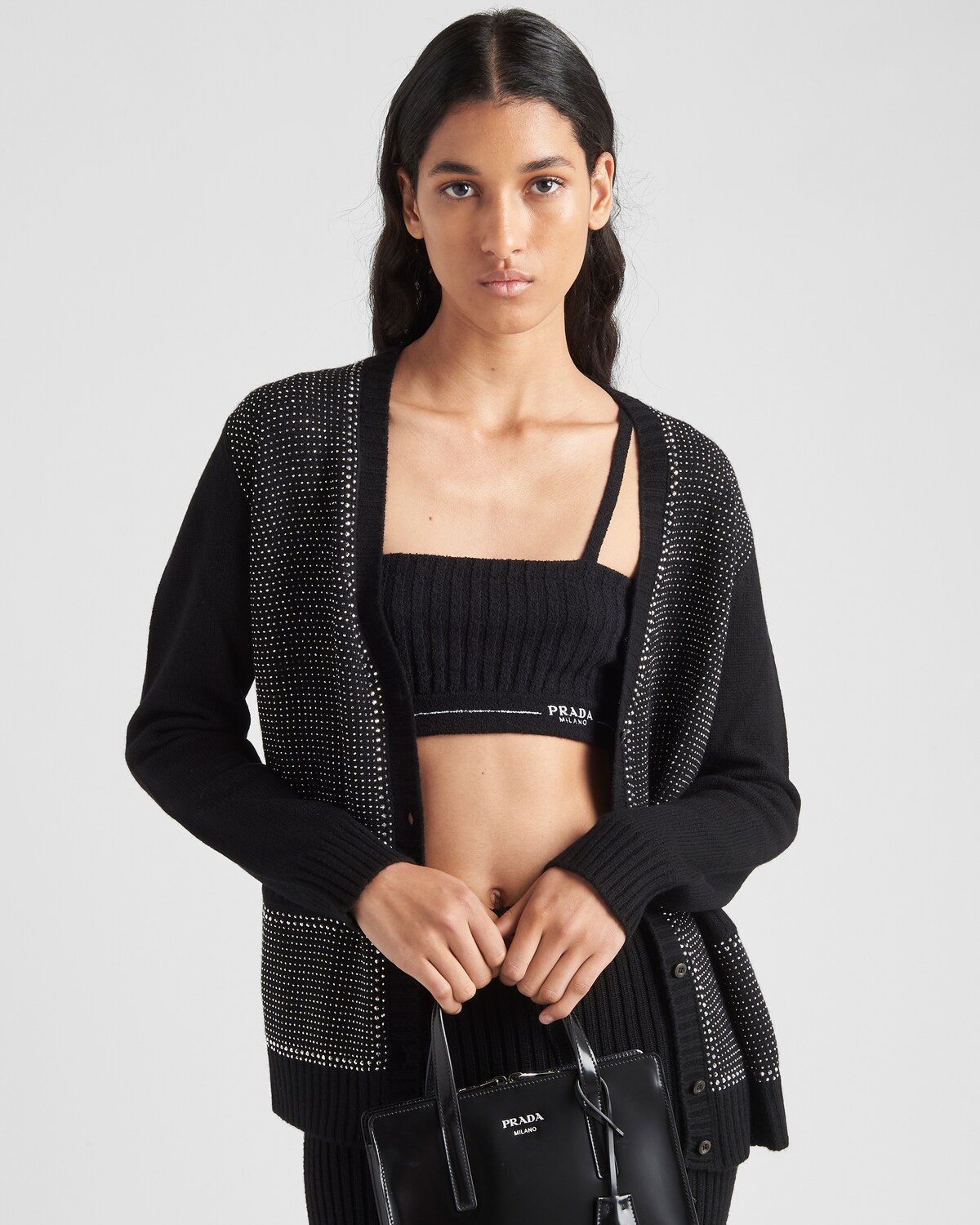 Black Rhinestone-studded Cashmere Cardigan | PRADA