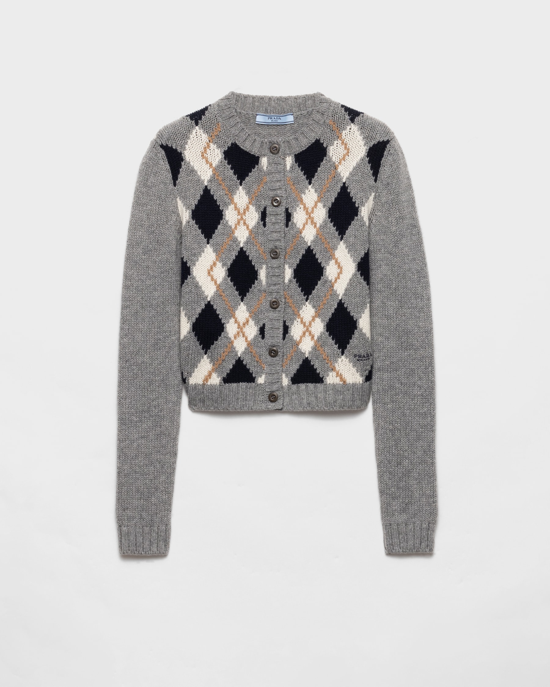 Grey Argyle Knit Cashmere Cardigan | PRADA