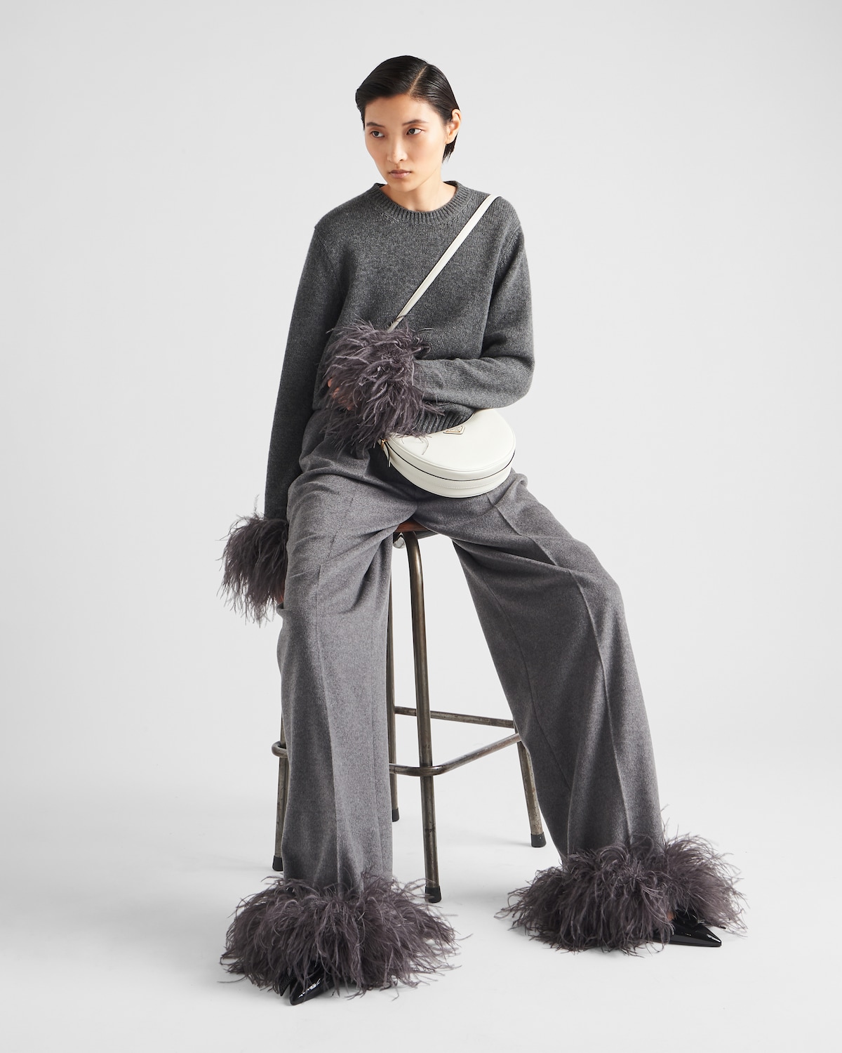 Grey Cashmere Pants With Feathers | PRADA
