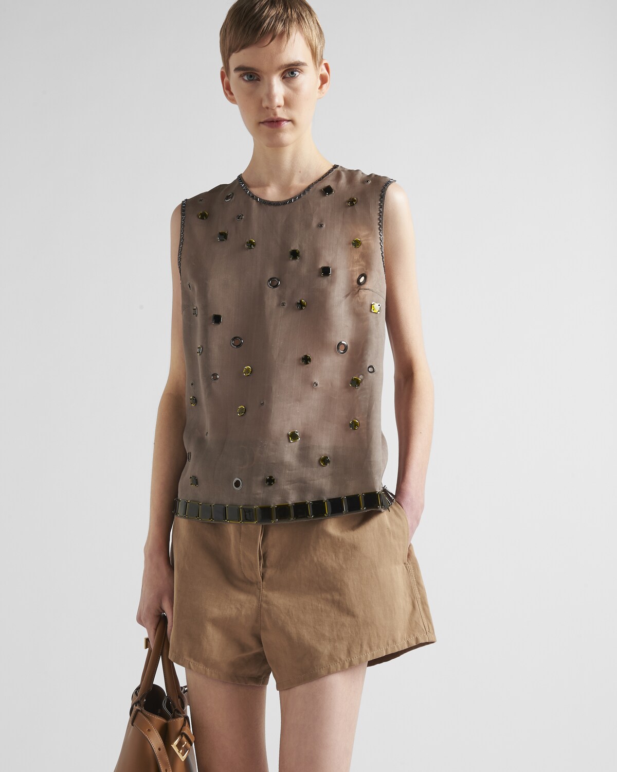 Hazelnut Panama Cotton And Linen Shorts | PRADA