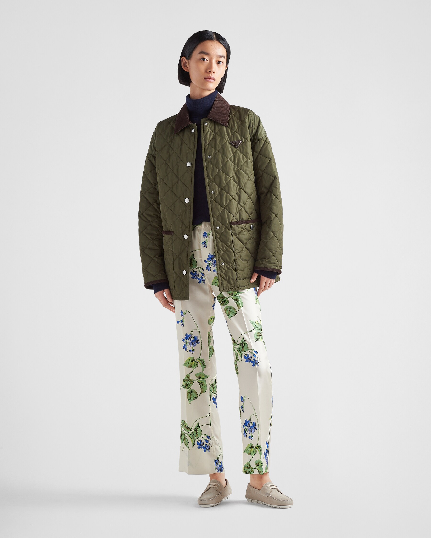 Chalk White Printed Twill Pants | PRADA