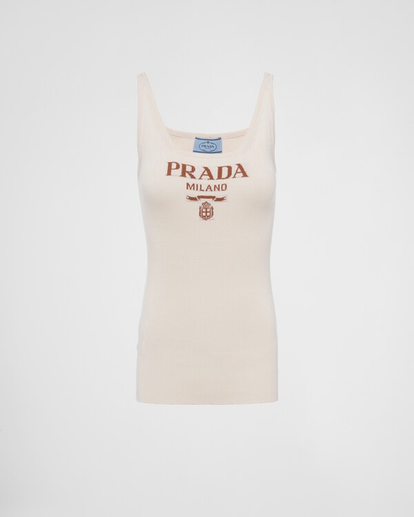 Ivory Silk Tank Top With Logo | PRADA