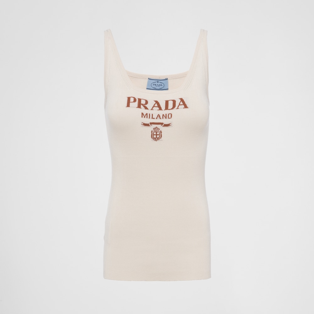 Ivory Silk tank top with logo | Prada