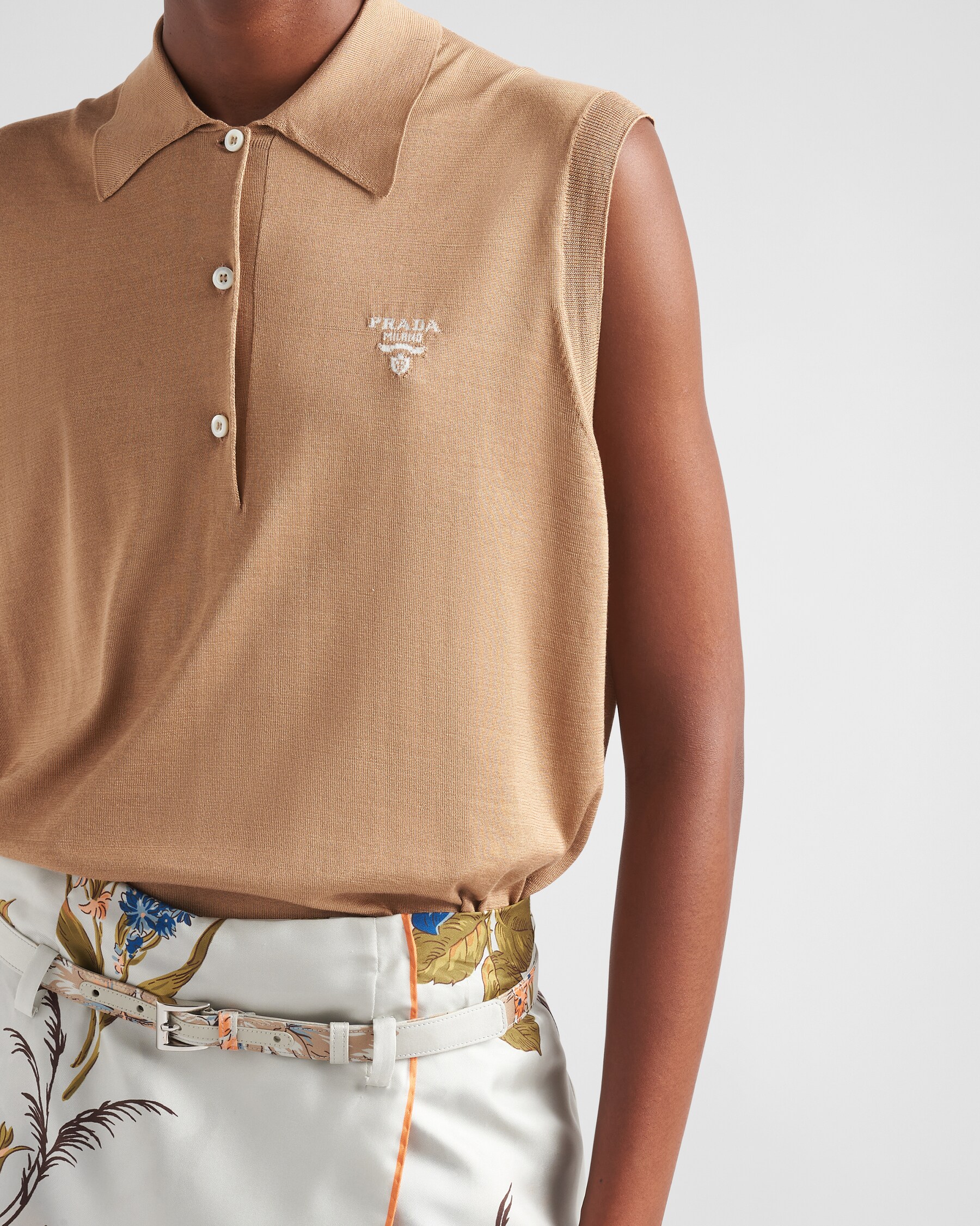 Camel Brown Sleeveless Silk Polo Shirt | PRADA