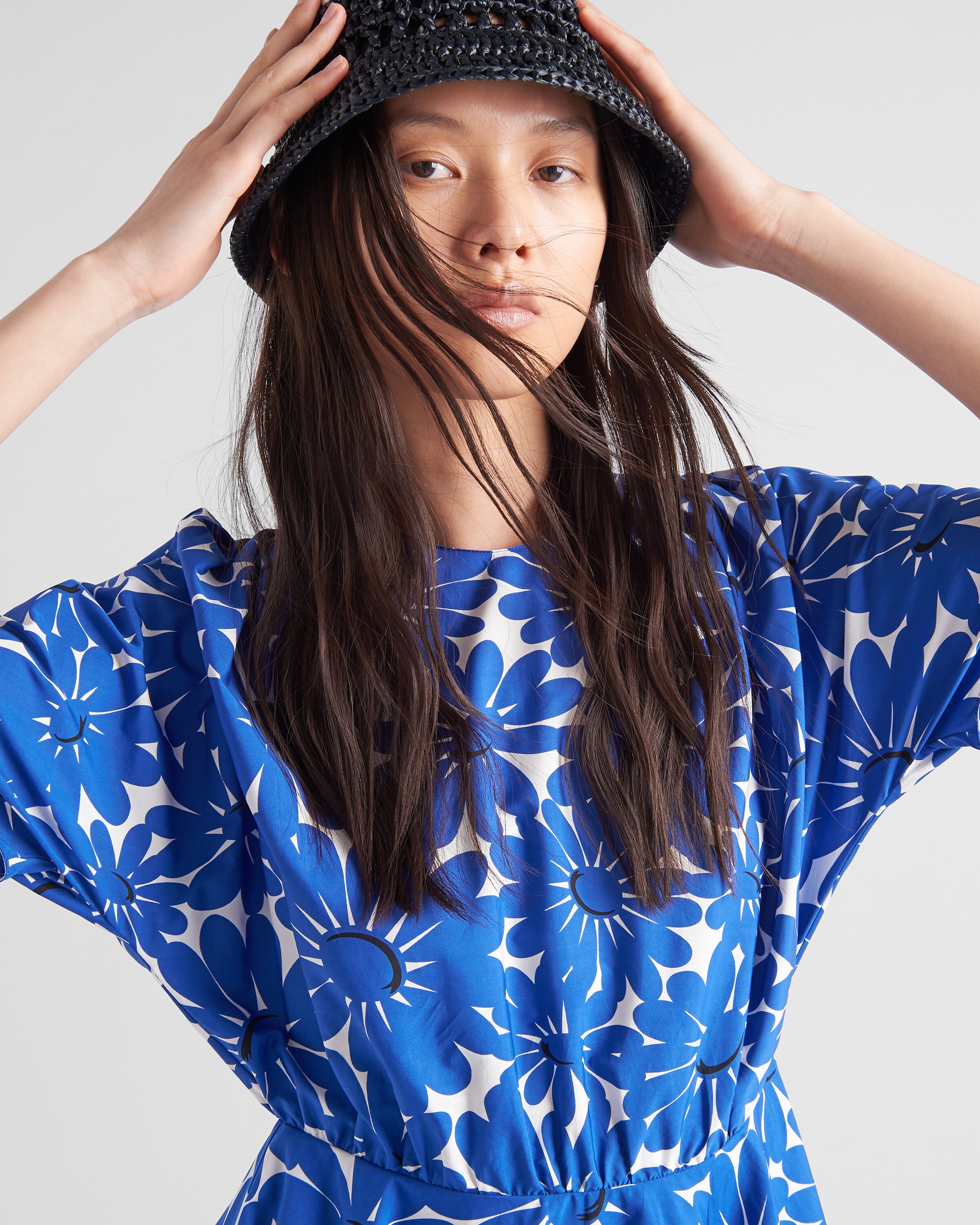 Light Blue/white Printed poplin midi-dress | Prada