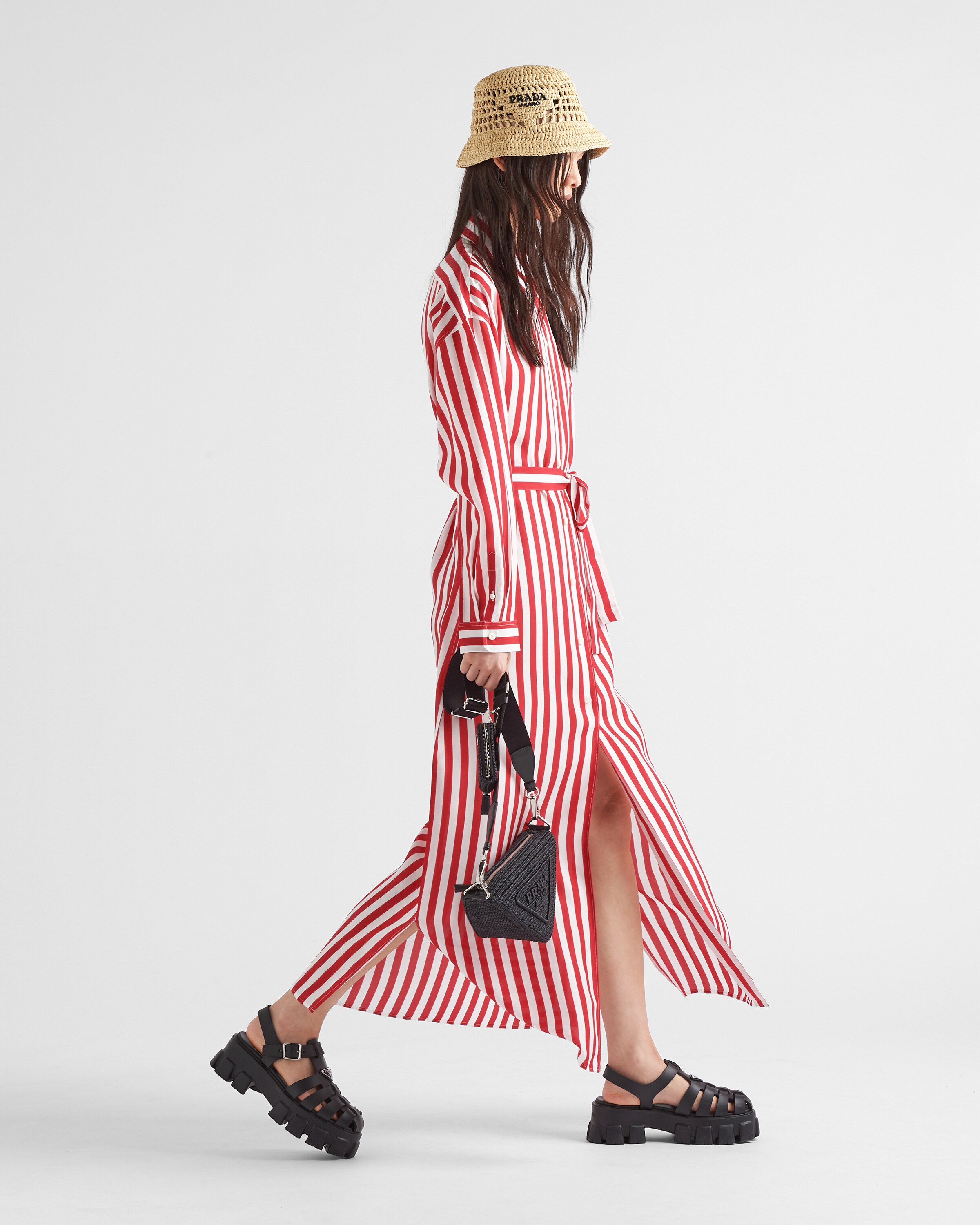 White/red Long striped silk dress | Prada