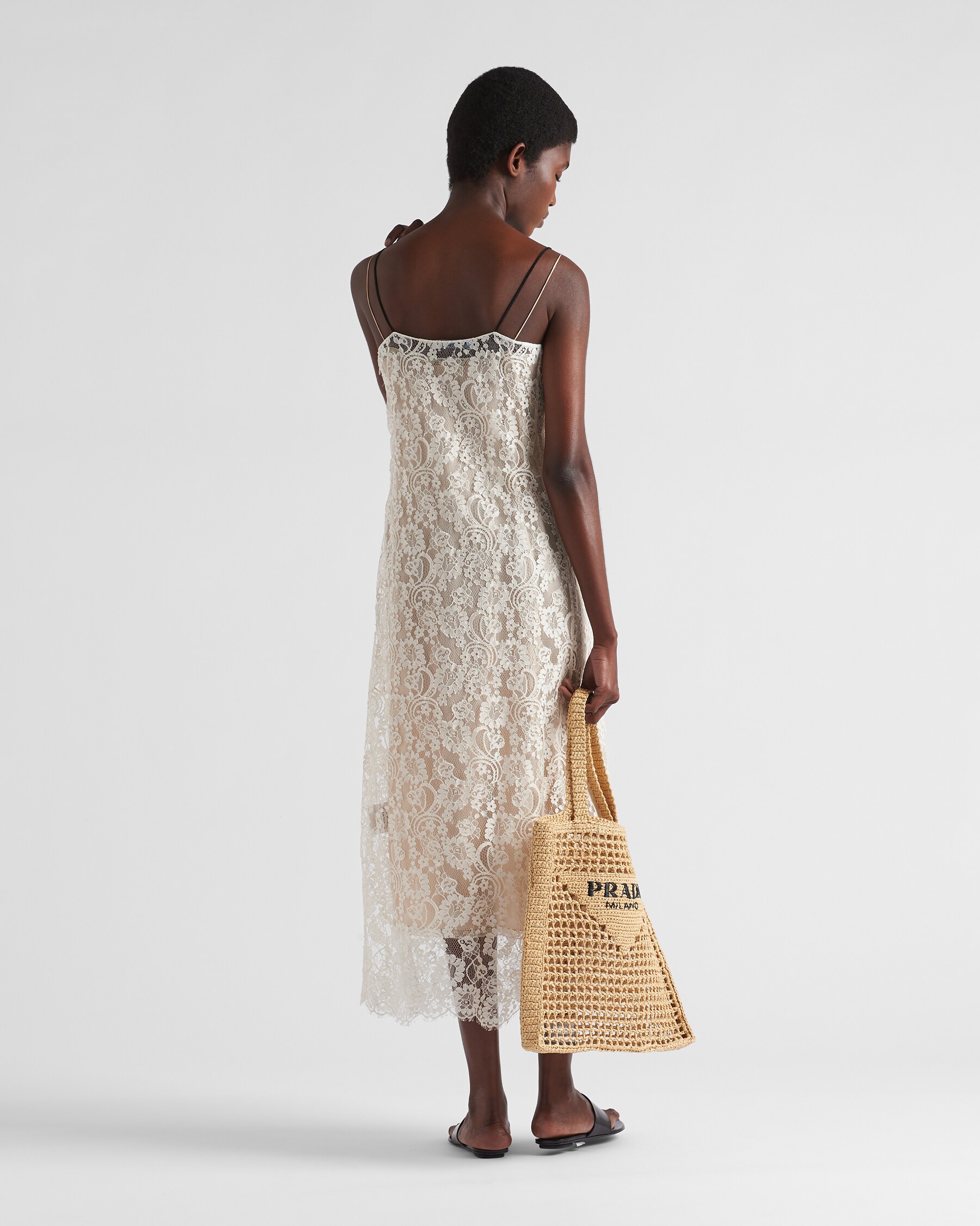 Natural Embroidered Lace Midi-dress | PRADA