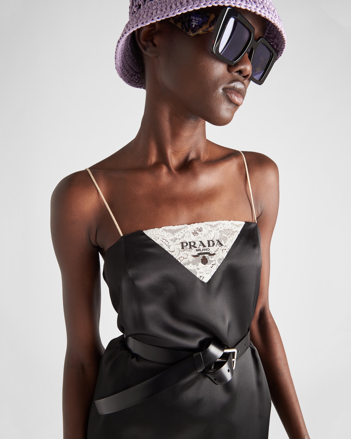 Black Crepe Satin Dress With Belt | PRADA