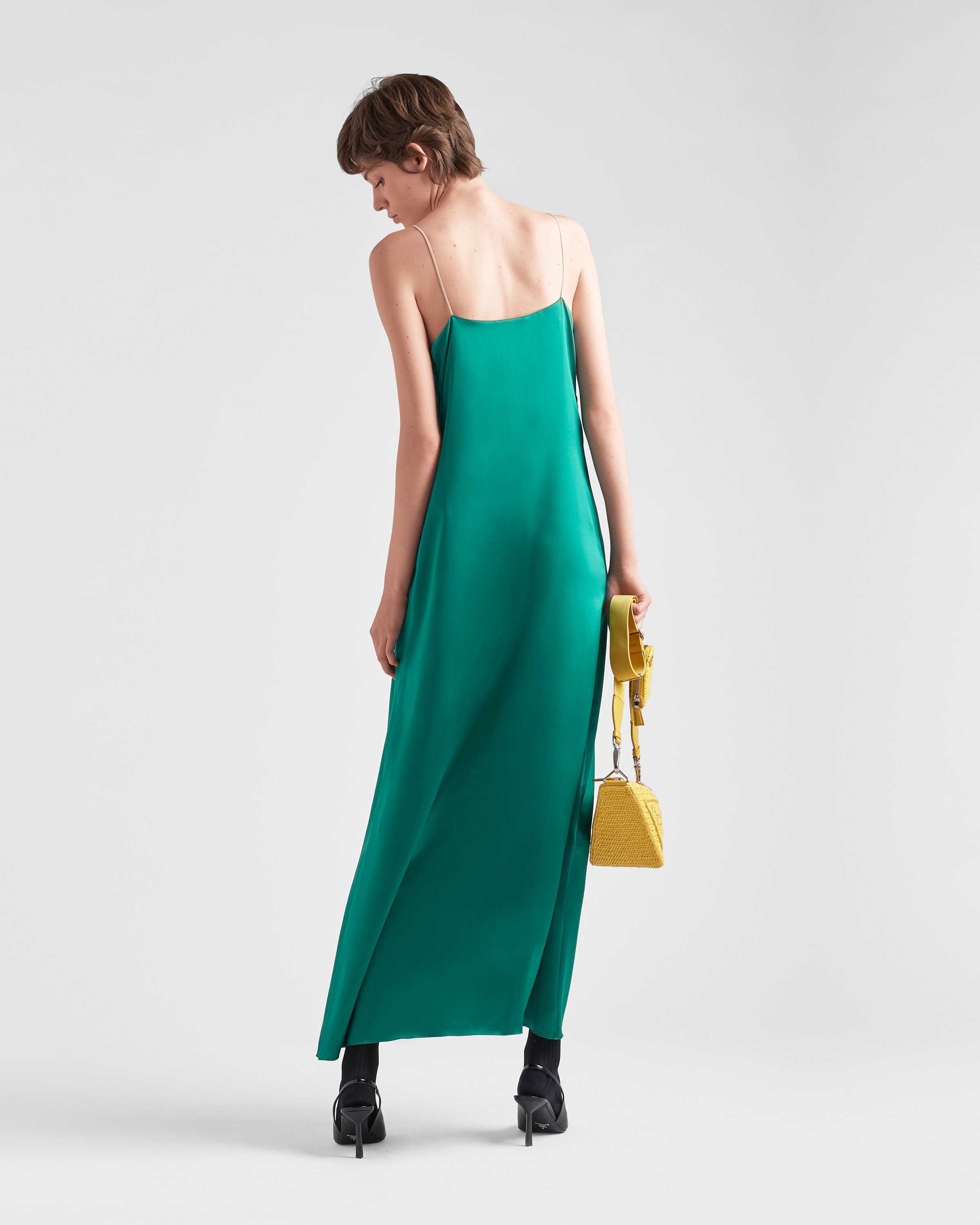 Emerald Crepe satin dress with belt | Prada