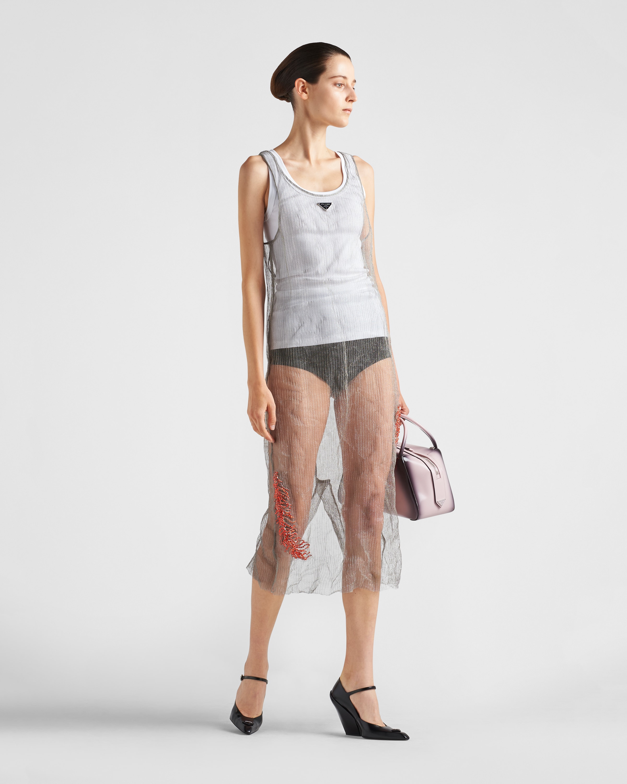 Steel/orange Embroidered mesh dress | Prada