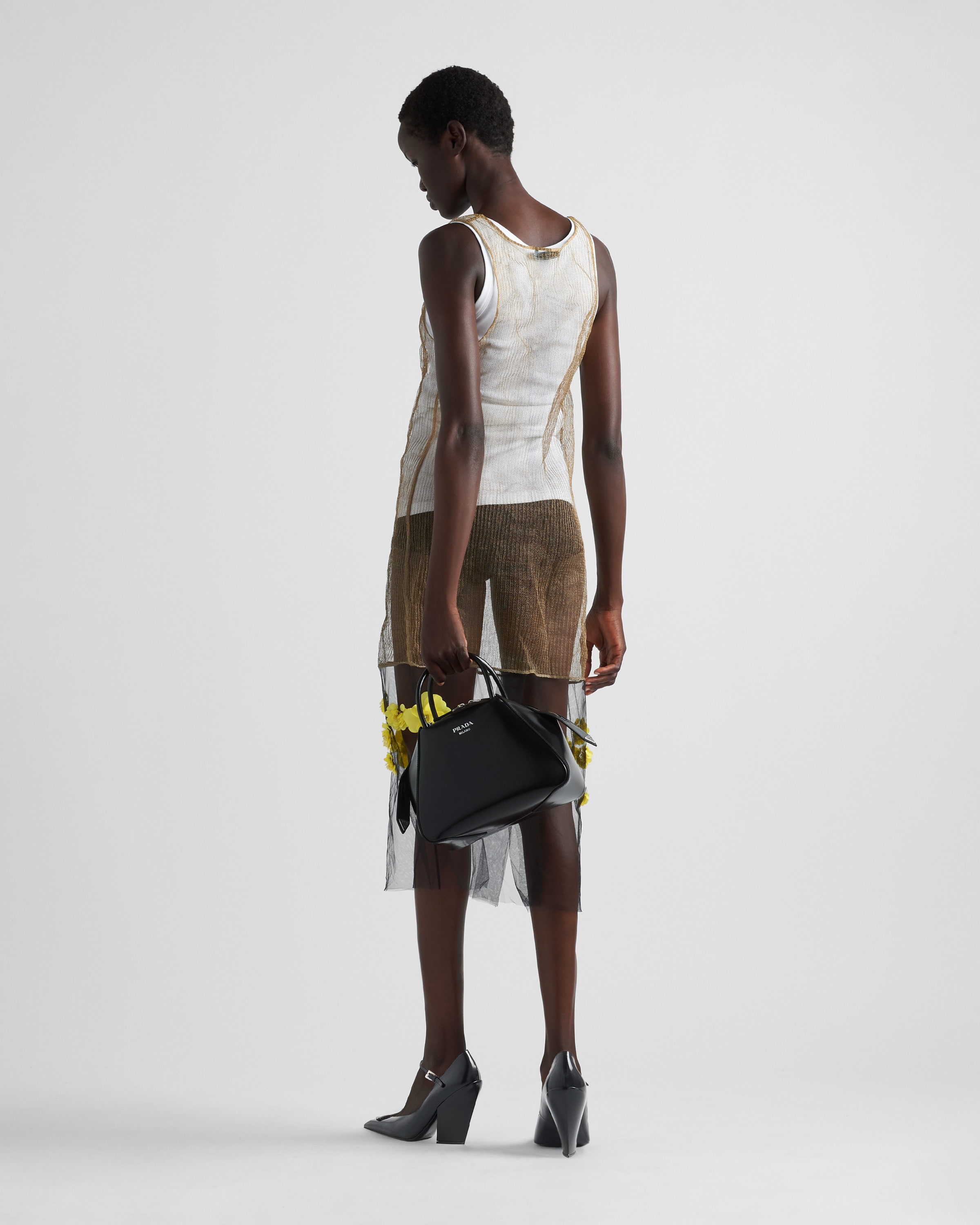 Brass/yellow Embroidered mesh dress | Prada