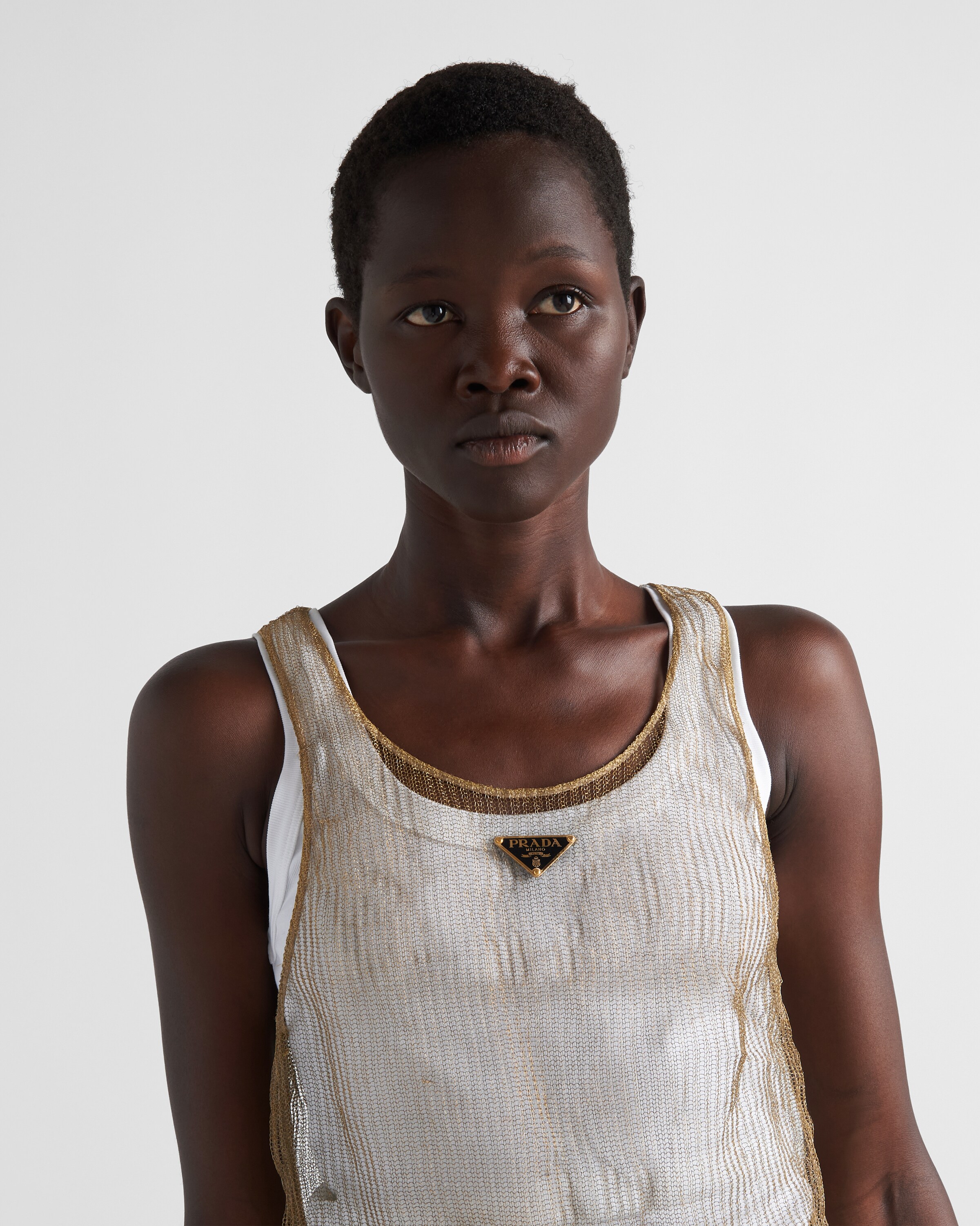 Brass/yellow Embroidered mesh dress | Prada