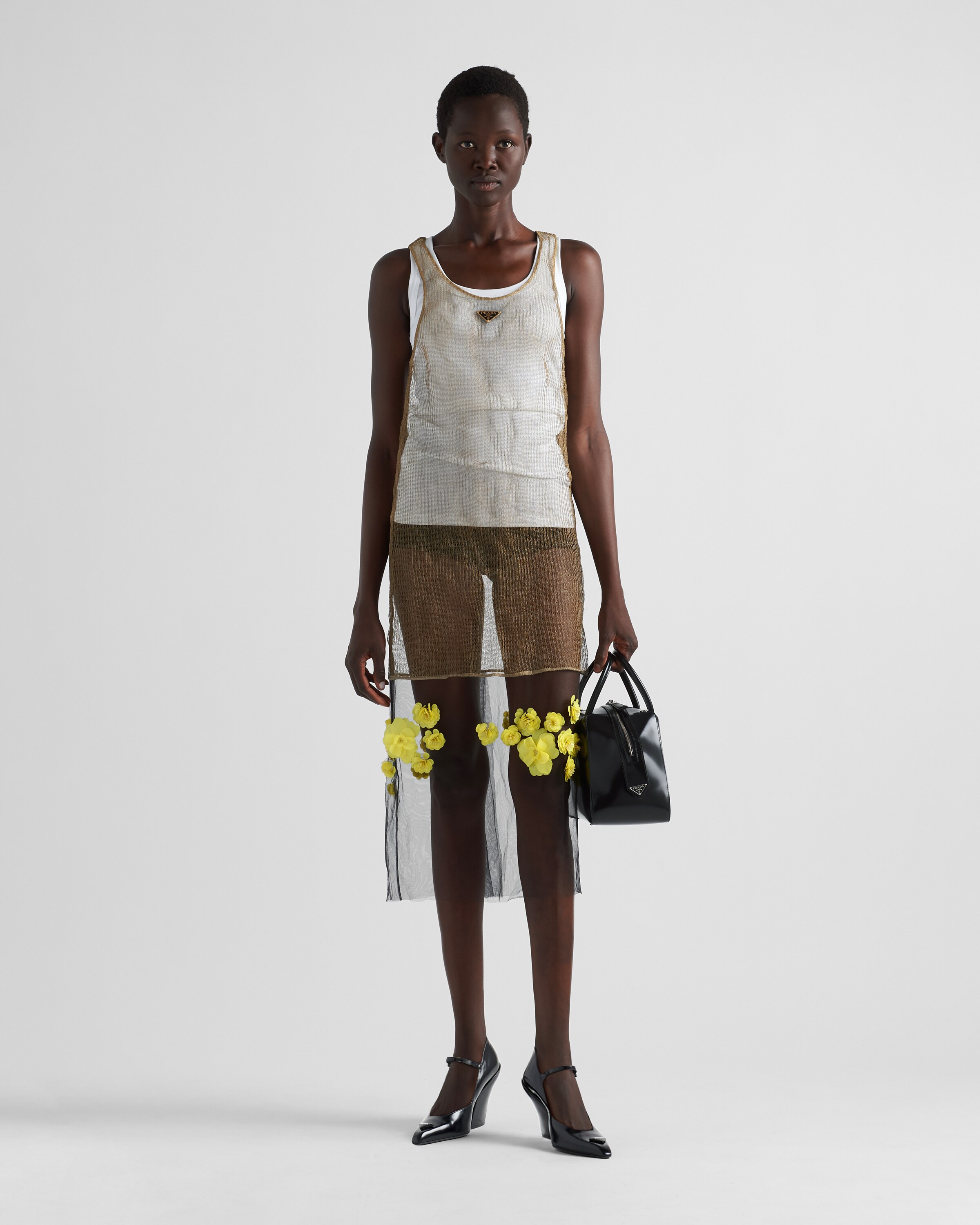 Brass/yellow Embroidered mesh dress | Prada