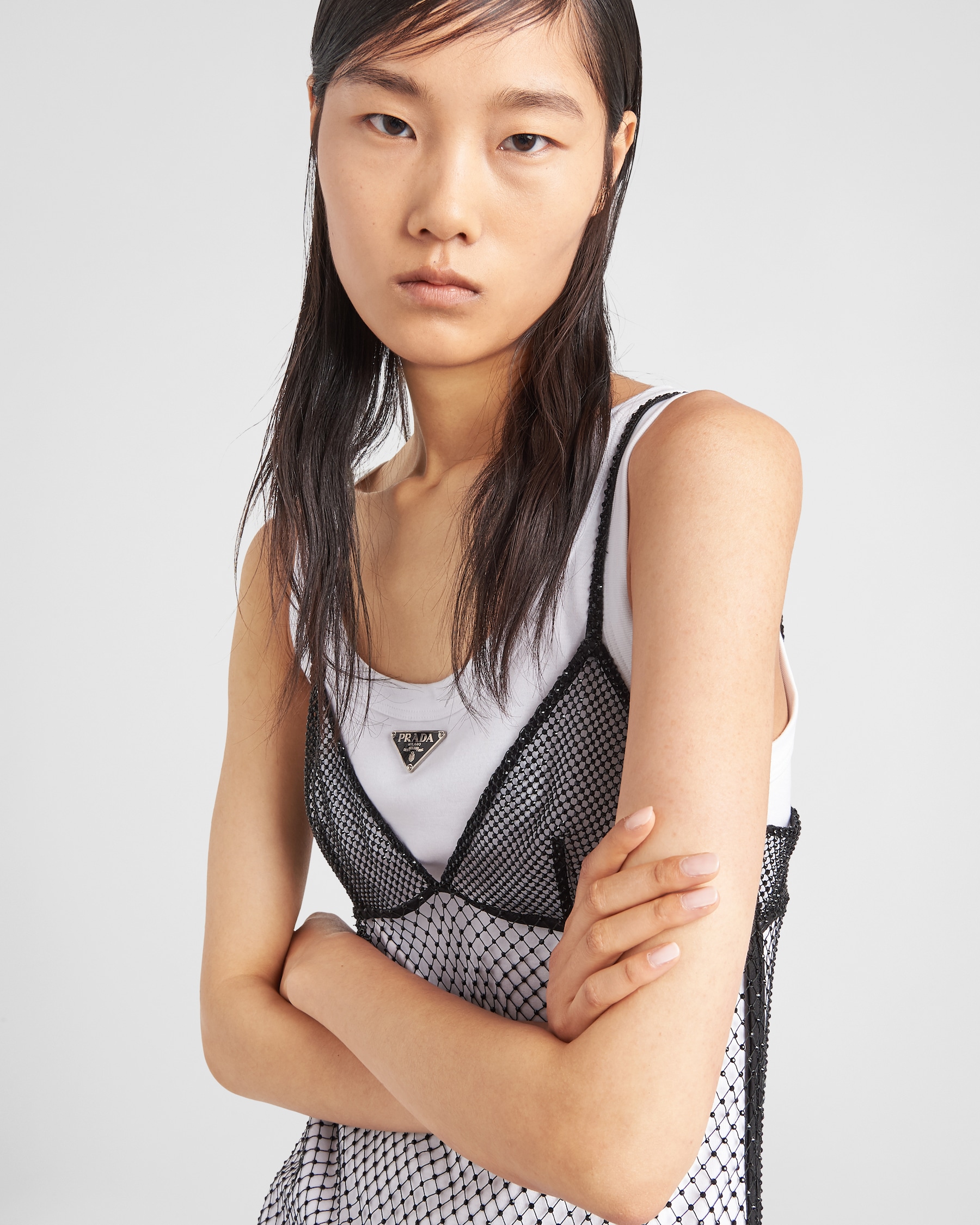 Black Rhinestone-embellished Mesh Mini-dress | PRADA