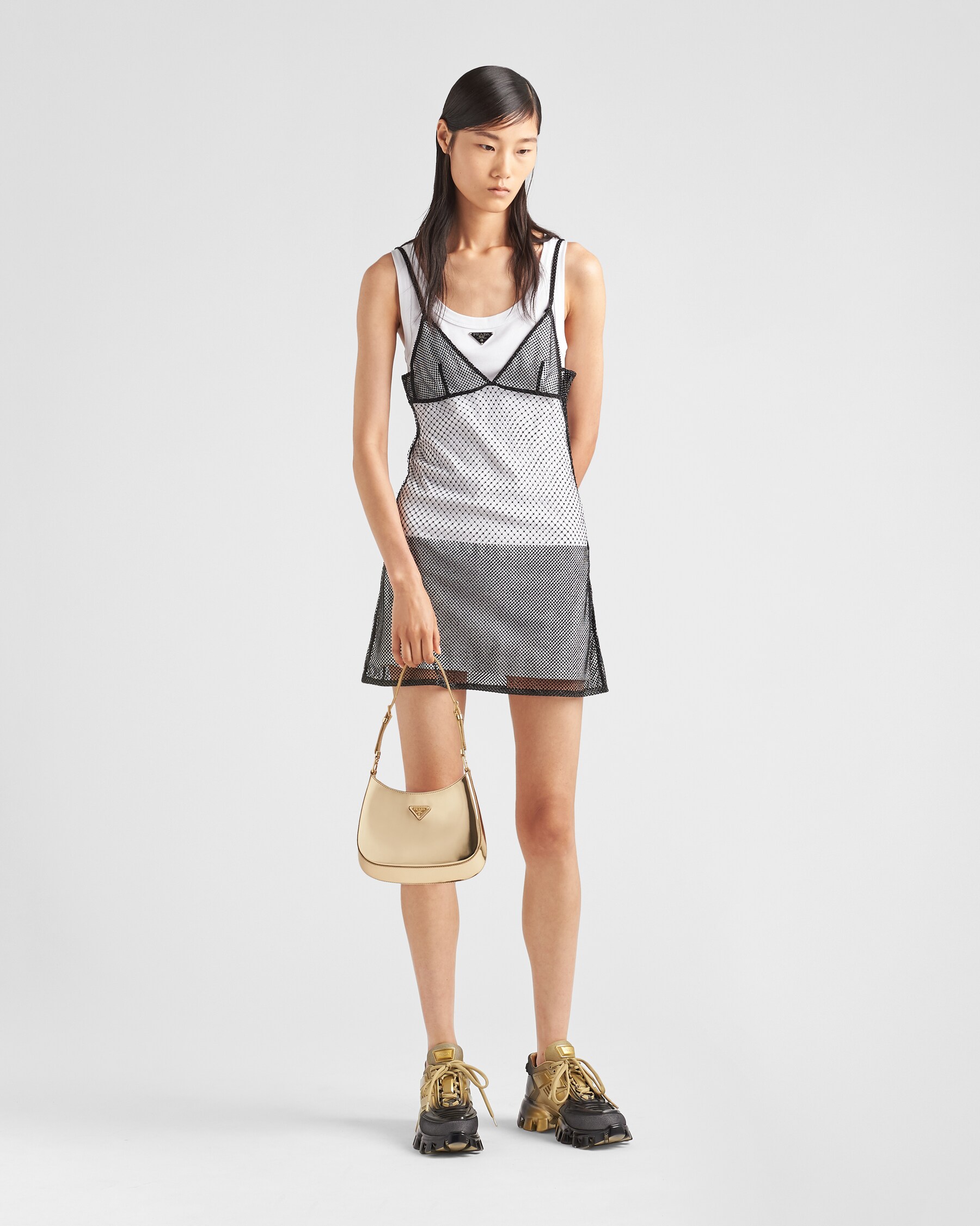 Black Rhinestone-embellished Mesh Mini-dress | PRADA