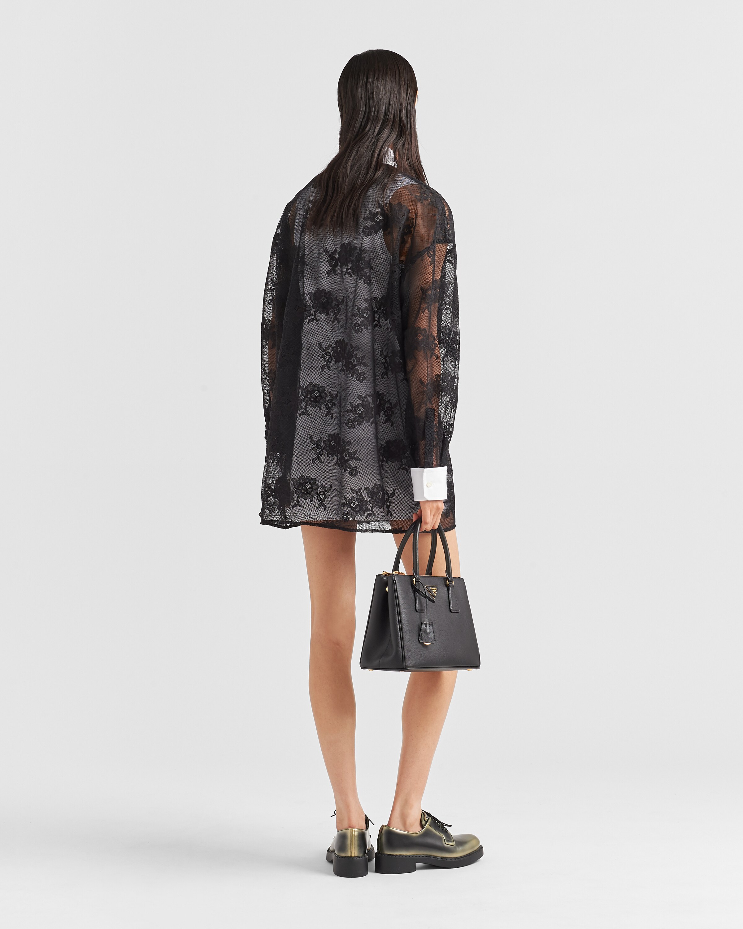 Black/white Embroidered lace and poplin mini-dress | Prada