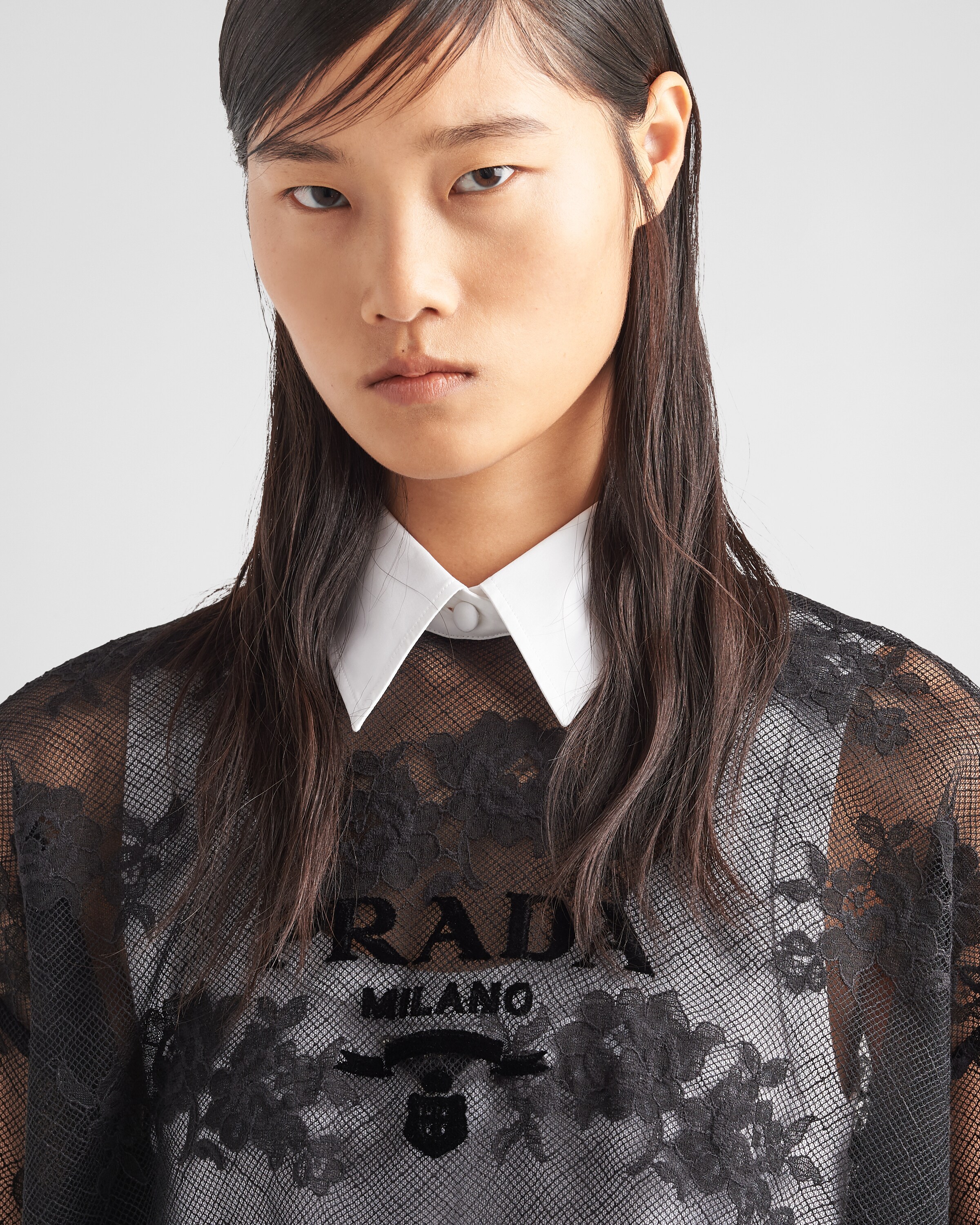 Black/white Embroidered lace and poplin mini-dress | Prada